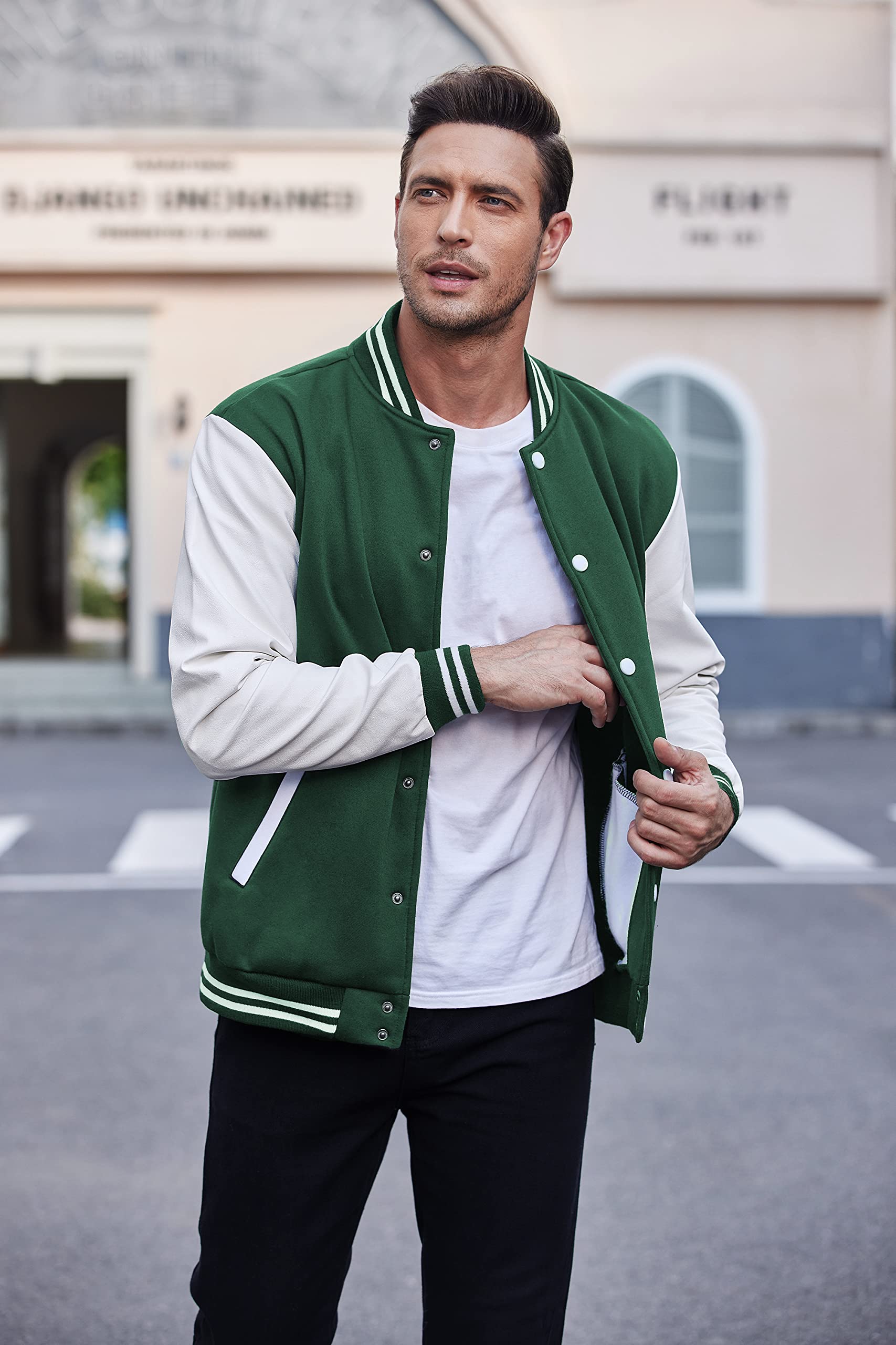 COOFANDY Mens Mens Streetwear Varsity Jacket Letterman Football Jackets College Coats Green Large