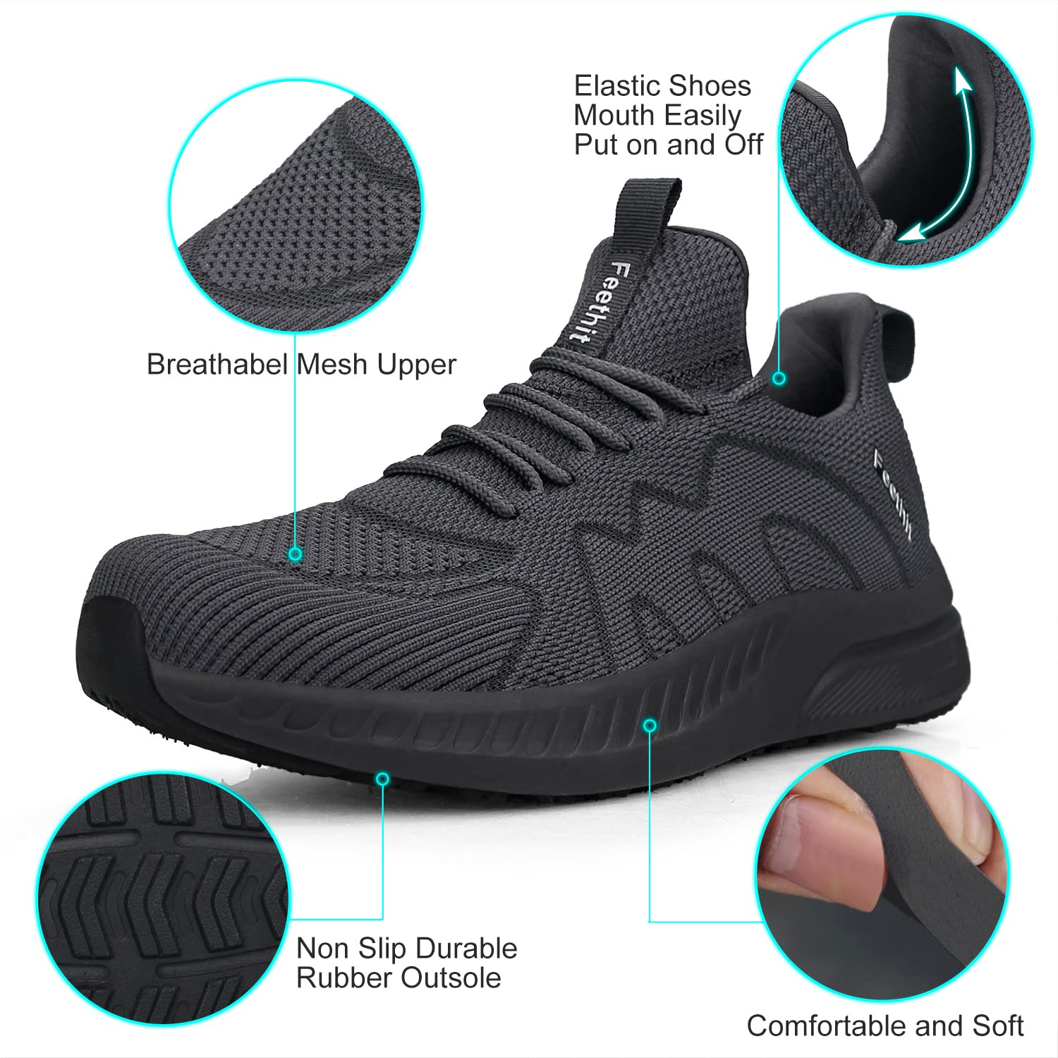 Feethit Mens Non Slip Running Sneakers Casual Breathable Slip on Walking Tennis Shoes Casual Comfortable Shoes Drak Gray 10