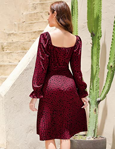 Womens Red Dress Lantern Sleeve Square Neck A Line Flare Midi Ladies Leopard Print Dresses Formal Work Office
