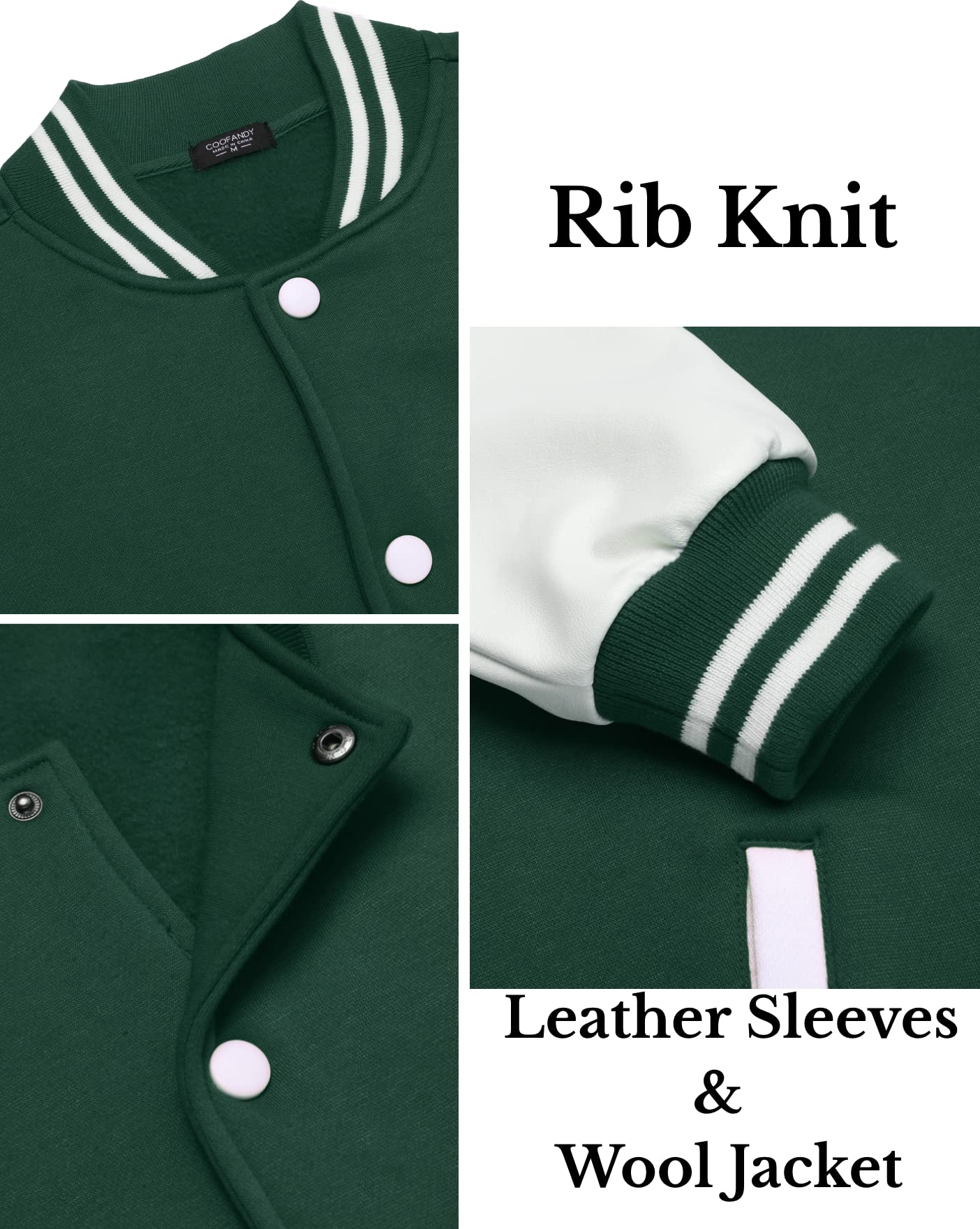 COOFANDY Mens Mens Streetwear Varsity Jacket Letterman Football Jackets College Coats Green Large