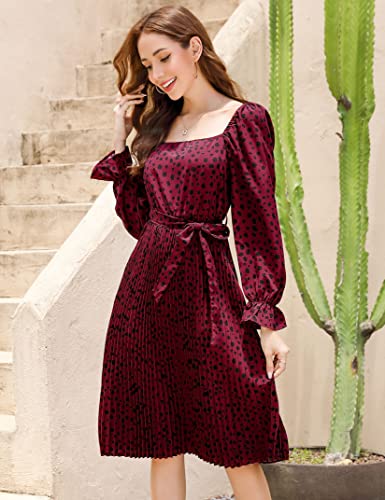 Womens Red Dress Lantern Sleeve Square Neck A Line Flare Midi Ladies Leopard Print Dresses Formal Work Office
