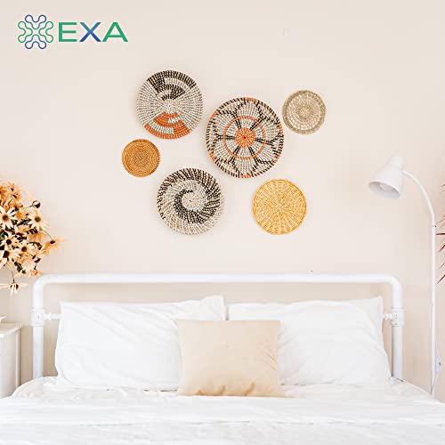 EXA Set of 6 Woven Wall Basket Orange Blossom Decor - Boho Farmhouse Rustic Room Style - for Thanksgiving Christmas Hanging Wall Art, Gift Idea, Table Settings - Handmade, Round, Natural Seagrass