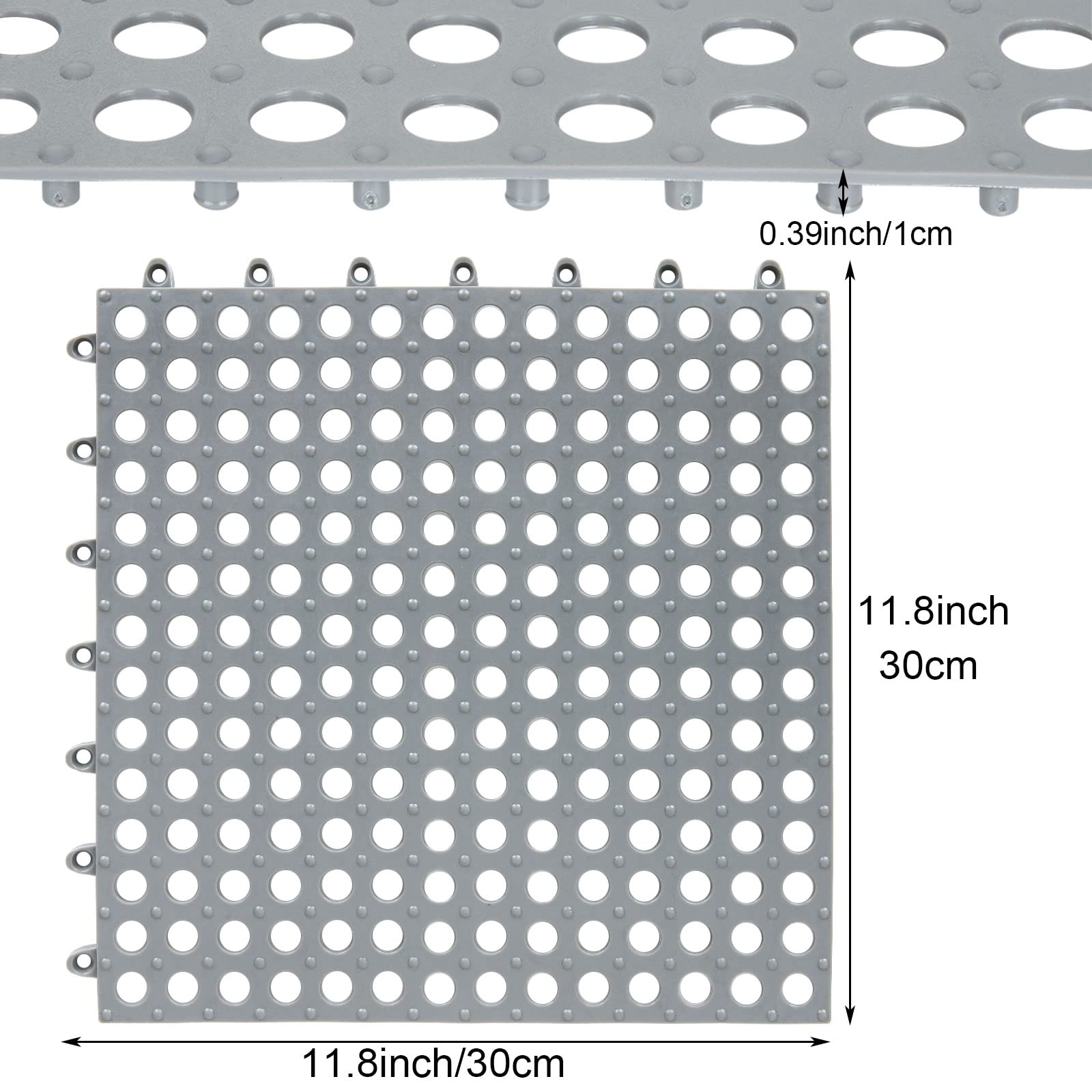16 Pack 11.8" x 11.8" Interlocking Rubber Floor Tiles Soft PVC Non Slip Shower Floor Mat Pool Bathtub Drain Tiles for Flooring, Drainage Mats for Pool, Deck, Patio, Basement, Kennel, Poultry, Grey
