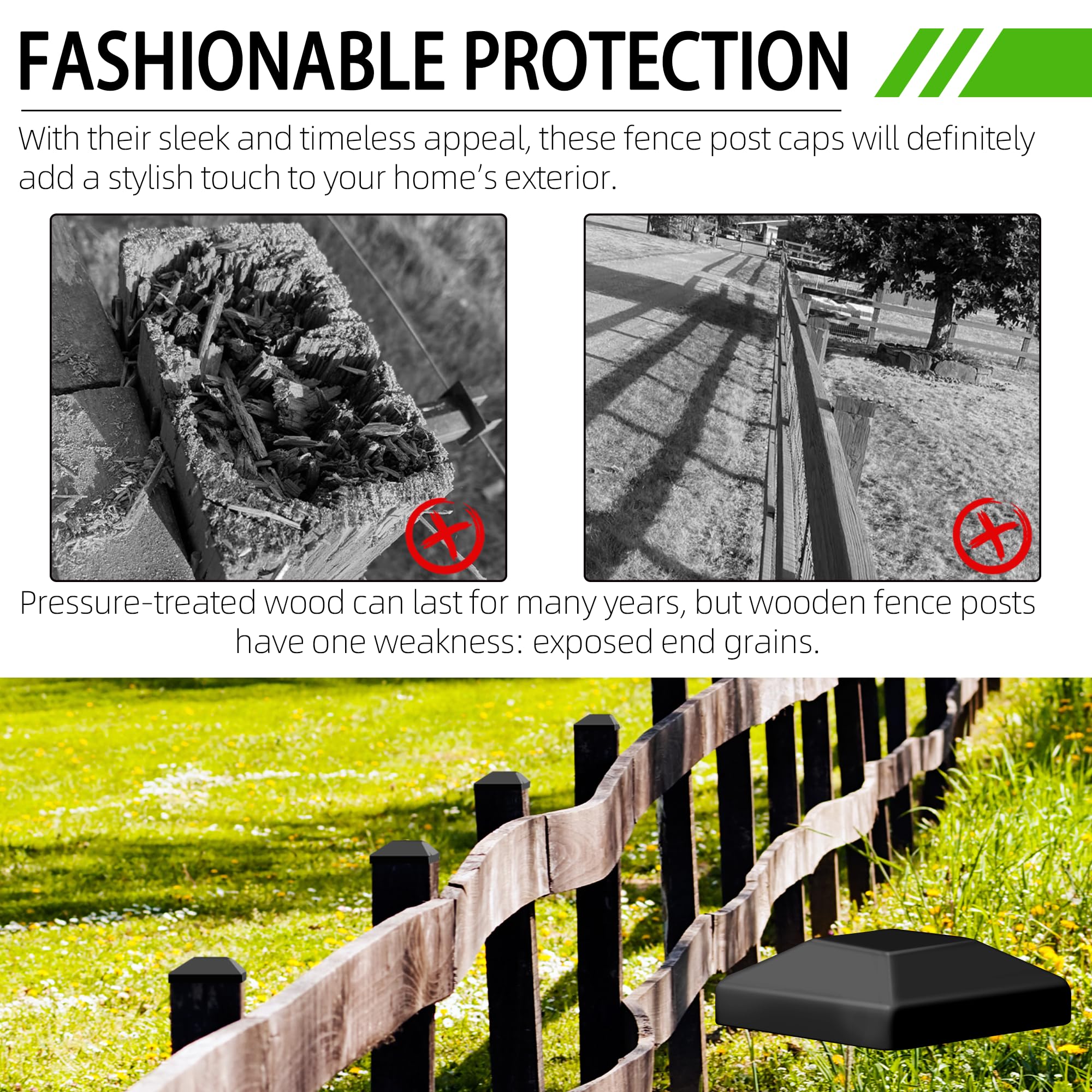 TonGass (6-Pack, Black) 4x4 (3 5/8") Wood Fence Post Caps - Wooden Fence Deck Post Covers - Durable Plastic Water-Proof and UV-Proof - Protect Wooden Fence Poles from Cracking and Rotting