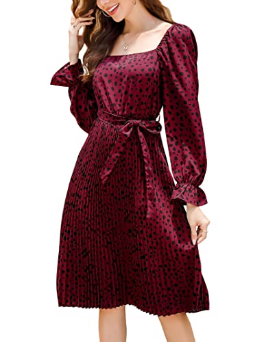 Womens Red Dress Lantern Sleeve Square Neck A Line Flare Midi Ladies Leopard Print Dresses Formal Work Office