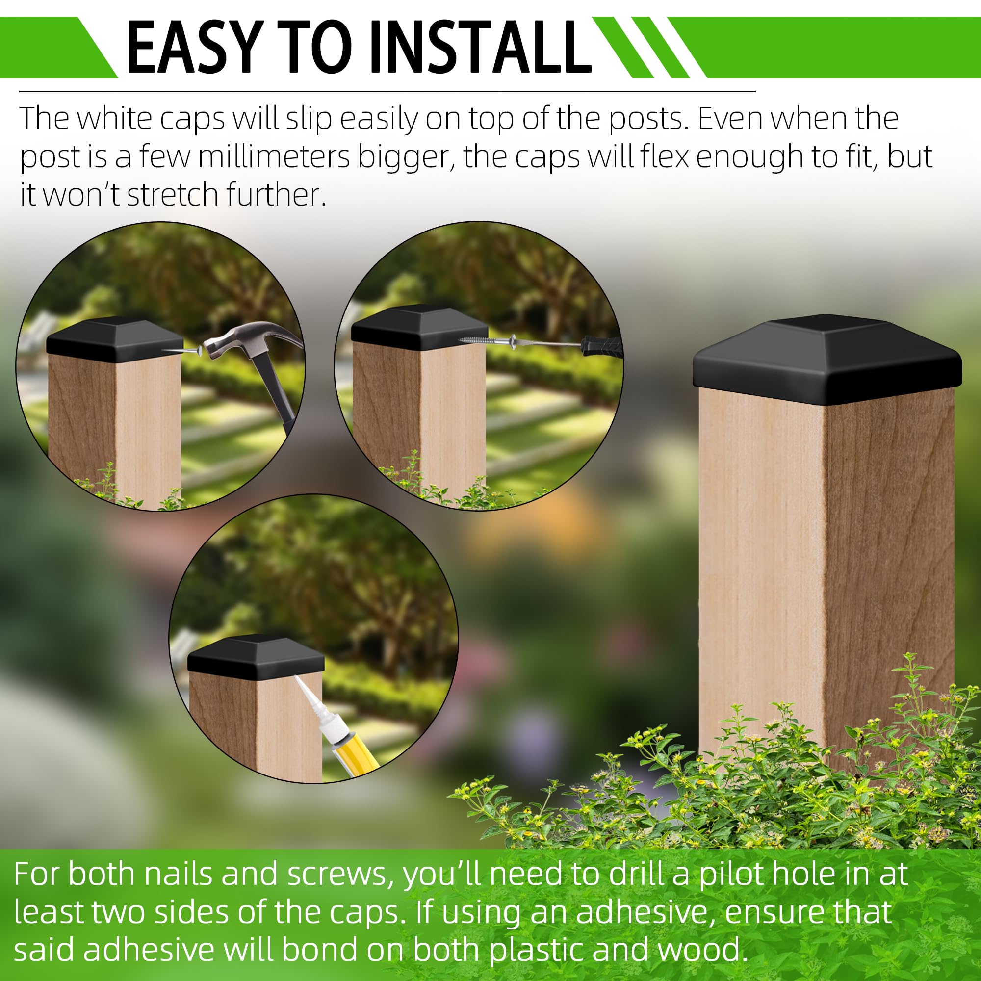 TonGass (6-Pack, Black) 4x4 (3 5/8") Wood Fence Post Caps - Wooden Fence Deck Post Covers - Durable Plastic Water-Proof and UV-Proof - Protect Wooden Fence Poles from Cracking and Rotting
