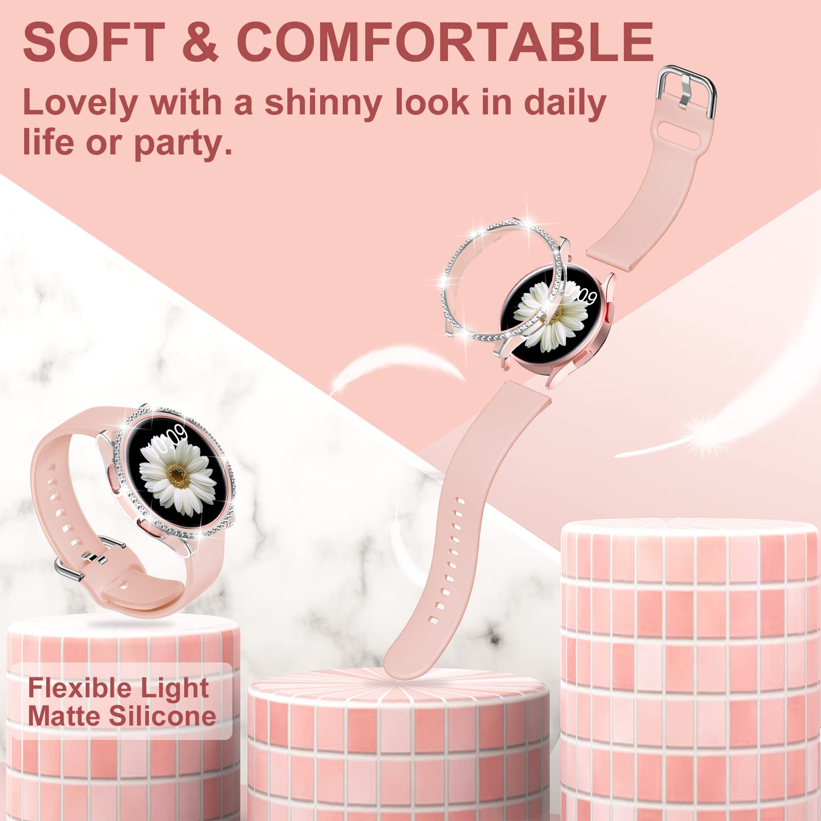 DABAOZA Compatible for Samsung Galaxy Watch 4 5 Band 40mm with Glitter Bumper Case, Women Black Silicone Soft Comfortable Adjustable Strap with Buckle (Pinksilver, 40)