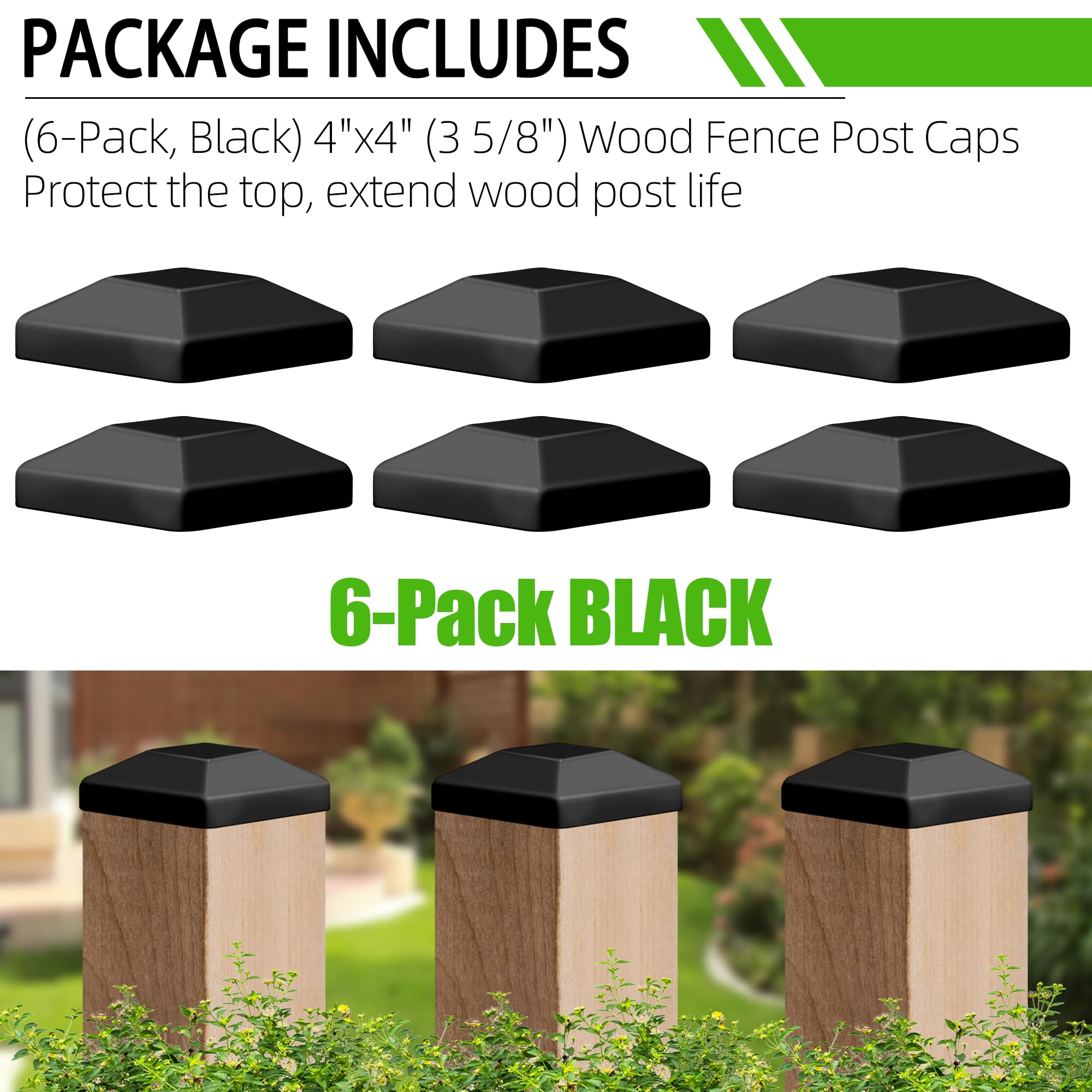 TonGass (6-Pack, Black) 4x4 (3 5/8") Wood Fence Post Caps - Wooden Fence Deck Post Covers - Durable Plastic Water-Proof and UV-Proof - Protect Wooden Fence Poles from Cracking and Rotting