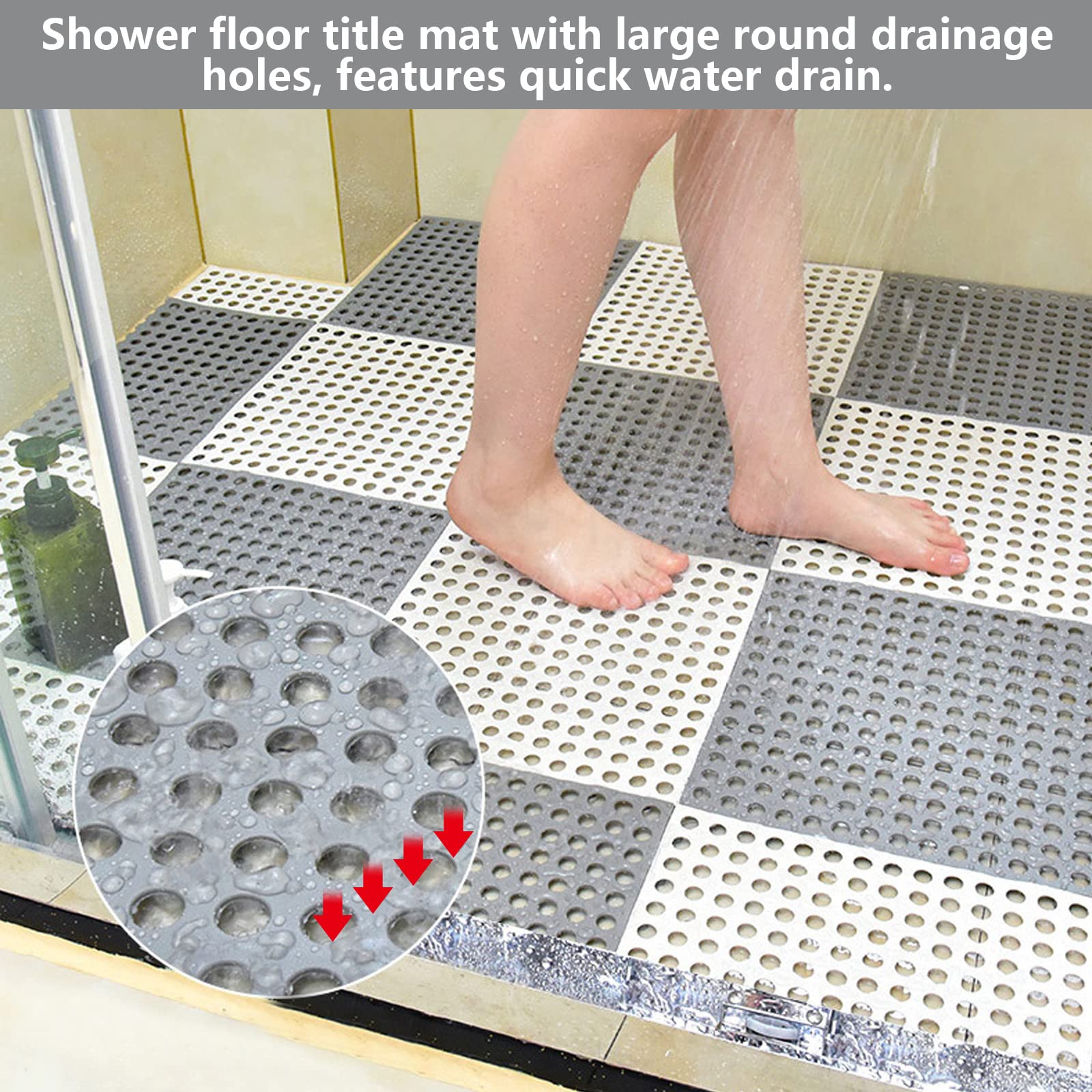 16 Pack 11.8" x 11.8" Interlocking Rubber Floor Tiles Soft PVC Non Slip Shower Floor Mat Pool Bathtub Drain Tiles for Flooring, Drainage Mats for Pool, Deck, Patio, Basement, Kennel, Poultry, Grey