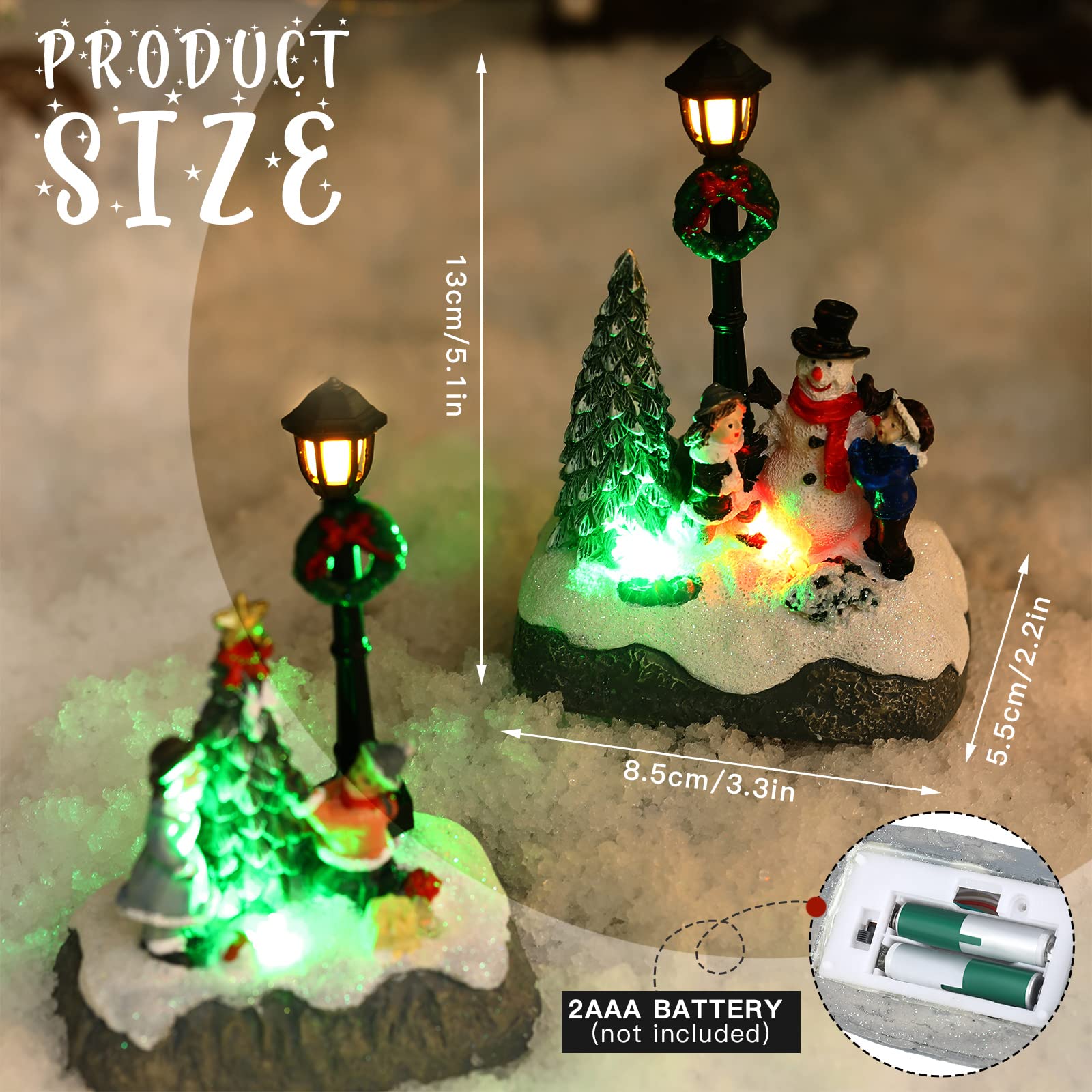 Karenhi Christmas Village Sets, 2 Pcs Snowman Tree Santa Christmas Village Scene with Figurines LED Light Xmas Accessories Tabletop Decorative Xmas Ornaments for Table Decor(Rustic Style)