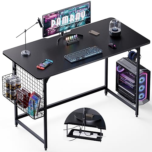 Pamray 47'' Rounded Corner Home Office Desk with Thickened Bottom Crossbar and Cable Trough & Cable Management Simple Computer Desk for Work and Gaming, Black