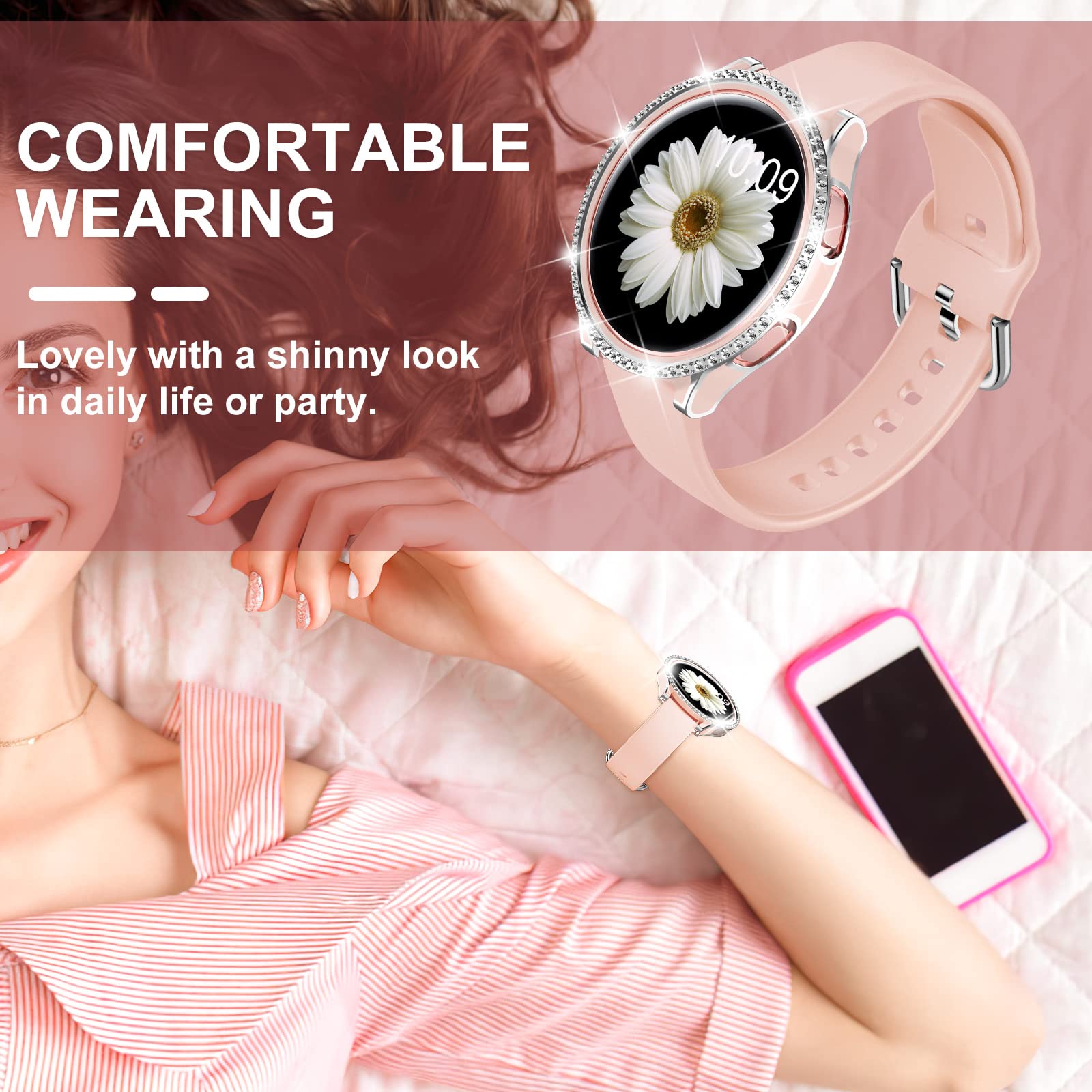 DABAOZA Compatible for Samsung Galaxy Watch 4 5 Band 40mm with Glitter Bumper Case, Women Black Silicone Soft Comfortable Adjustable Strap with Buckle (Pinksilver, 40)