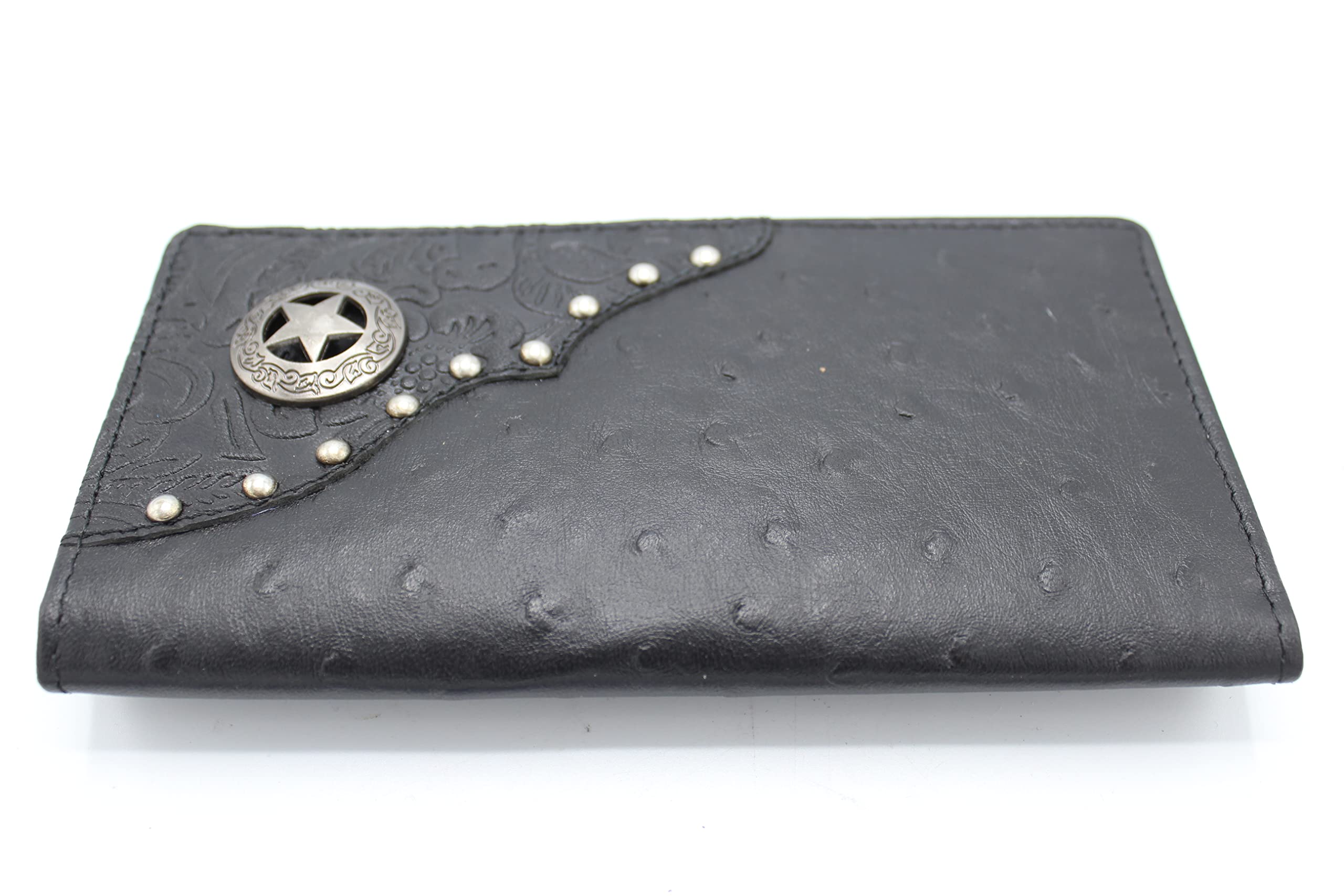 EastMeetsWest Western Black Star Concho Genuine Leather Ostrich Embossed Bi-Fold Men's Rodeo Long Wallet