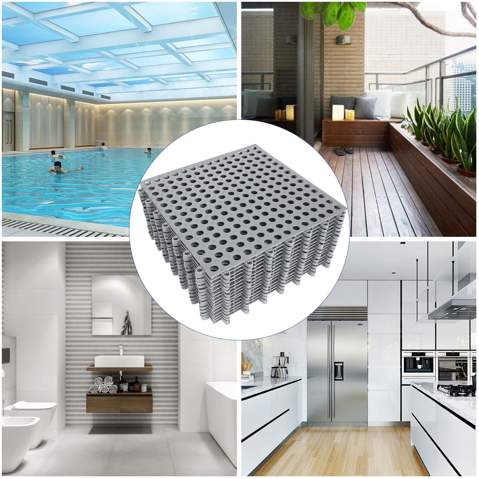 16 Pack 11.8" x 11.8" Interlocking Rubber Floor Tiles Soft PVC Non Slip Shower Floor Mat Pool Bathtub Drain Tiles for Flooring, Drainage Mats for Pool, Deck, Patio, Basement, Kennel, Poultry, Grey