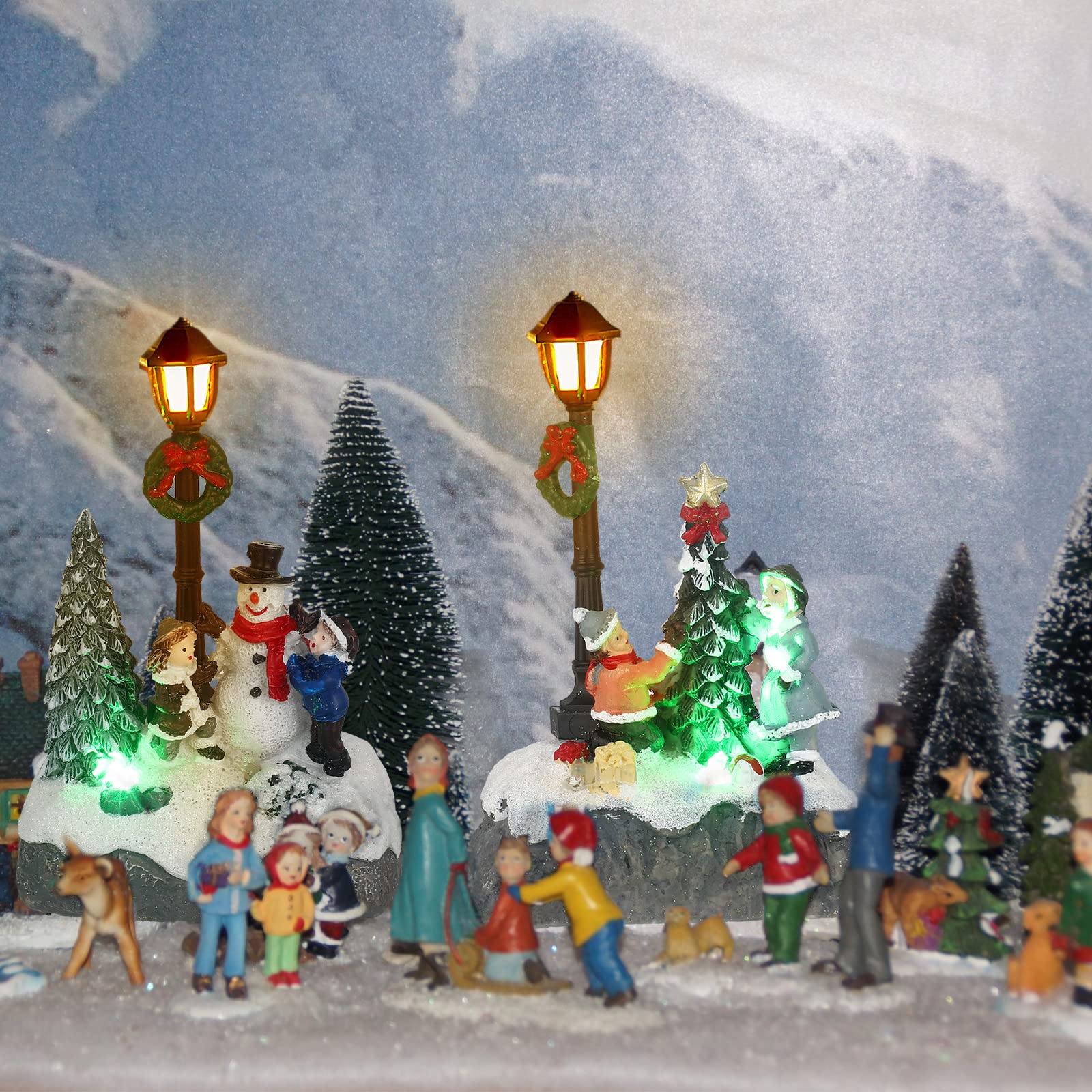 Karenhi Christmas Village Sets, 2 Pcs Snowman Tree Santa Christmas Village Scene with Figurines LED Light Xmas Accessories Tabletop Decorative Xmas Ornaments for Table Decor(Rustic Style)