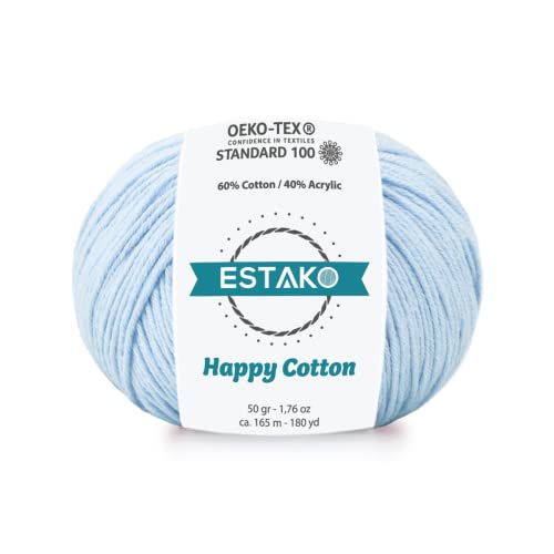 Estako Happy Cotton, 60% Cotton 40% Acrylic Yarn, Soft, Fine/Sport (2) for Crochet and Knitting 1.76 Oz (50g) / 180 Yrds (165m) (4220 - Baby Blue)