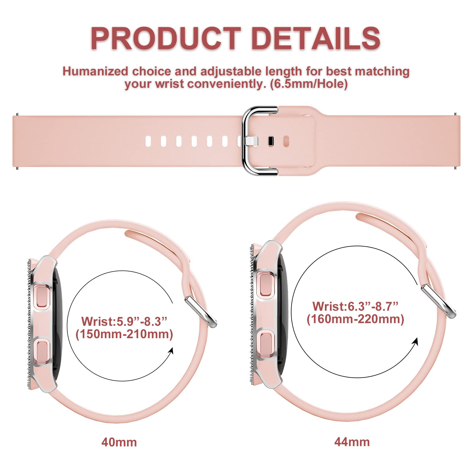 DABAOZA Compatible for Samsung Galaxy Watch 4 5 Band 40mm with Glitter Bumper Case, Women Black Silicone Soft Comfortable Adjustable Strap with Buckle (Pinksilver, 40)