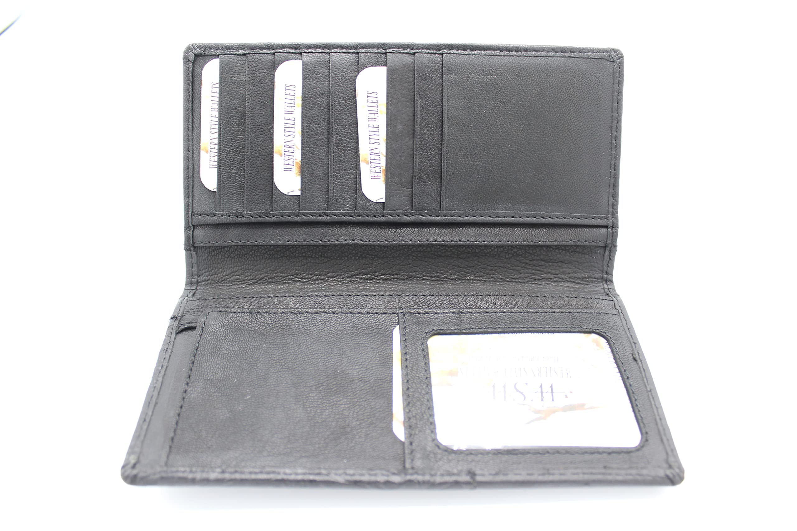 EastMeetsWest Western Black Star Concho Genuine Leather Ostrich Embossed Bi-Fold Men's Rodeo Long Wallet