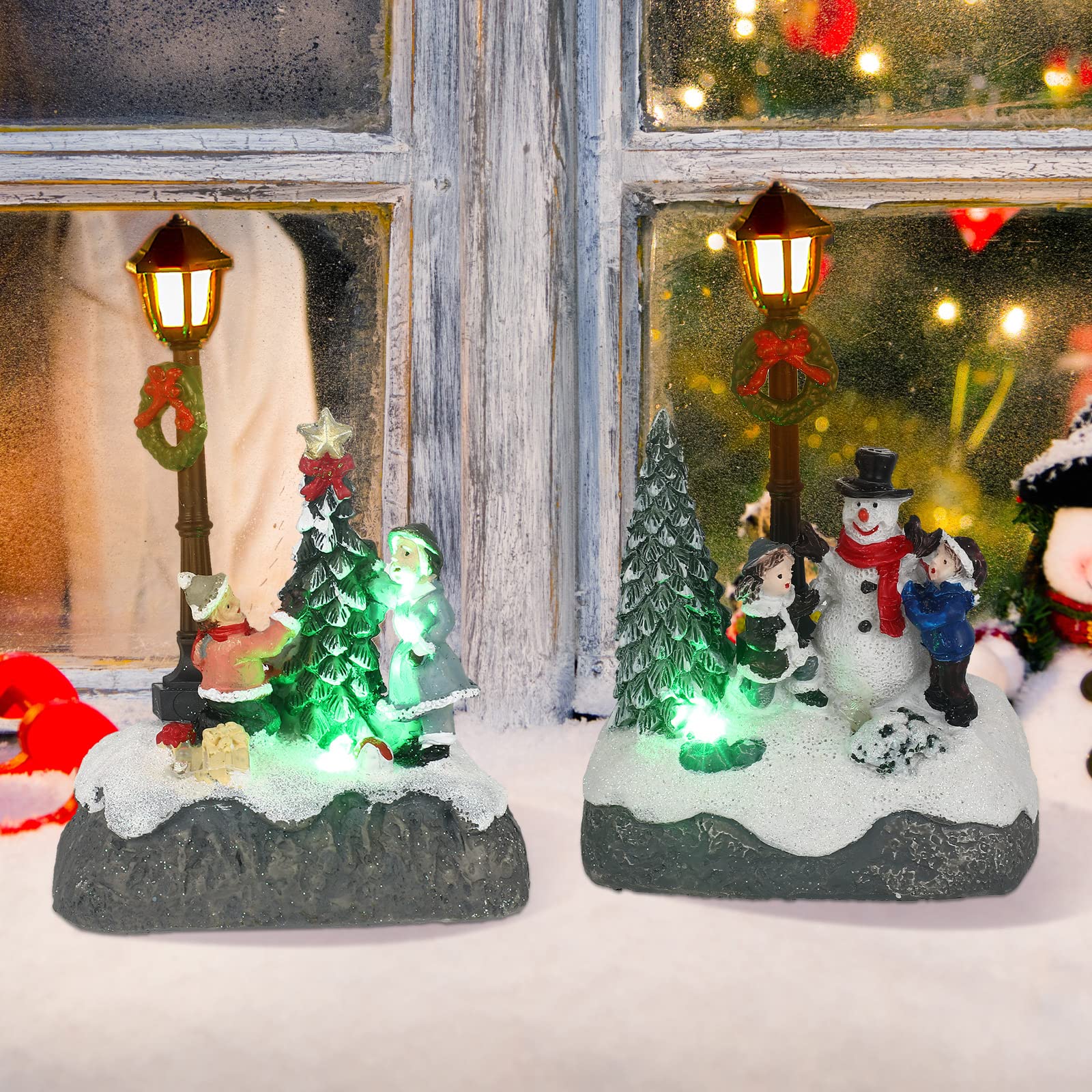 Karenhi Christmas Village Sets, 2 Pcs Snowman Tree Santa Christmas Village Scene with Figurines LED Light Xmas Accessories Tabletop Decorative Xmas Ornaments for Table Decor(Rustic Style)