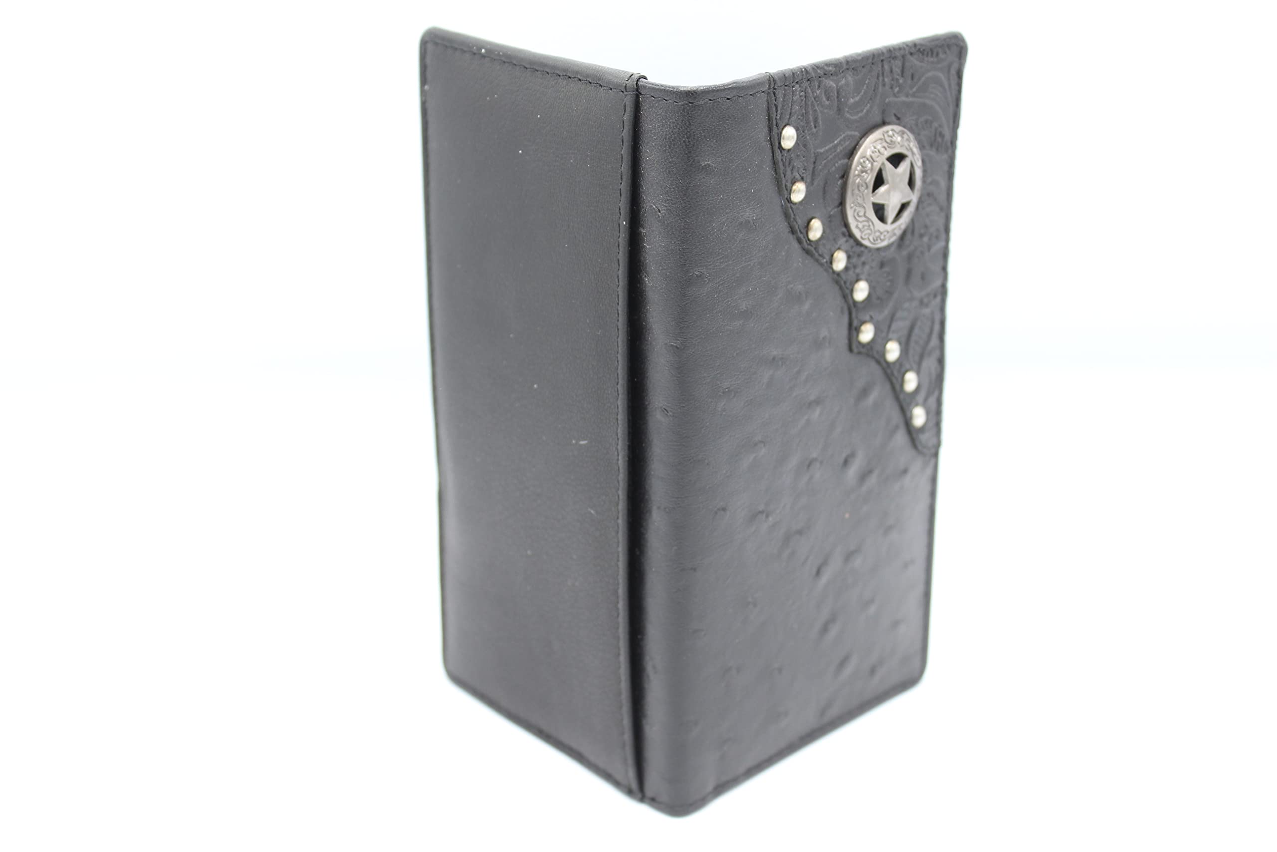 EastMeetsWest Western Black Star Concho Genuine Leather Ostrich Embossed Bi-Fold Men's Rodeo Long Wallet