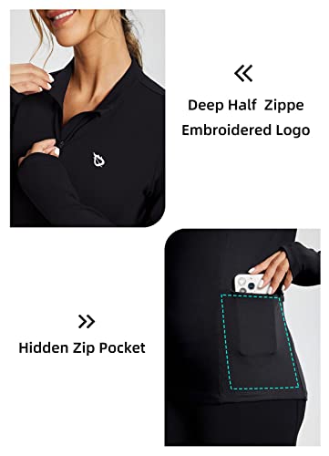baleaf Women's Fleece Equestrian Shirt Long Sleeve Running Jacket Pullover Half Zip Thermal Horse Riding Cold Weather Gear Black M