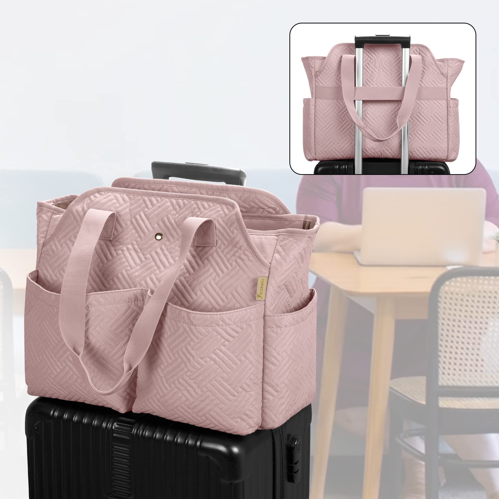 Fasrom Teacher Bag for Work Women, Large Utility Tote Bag with Laptop Compartment for Teacher Essentials (Empty Bag Only), Pink