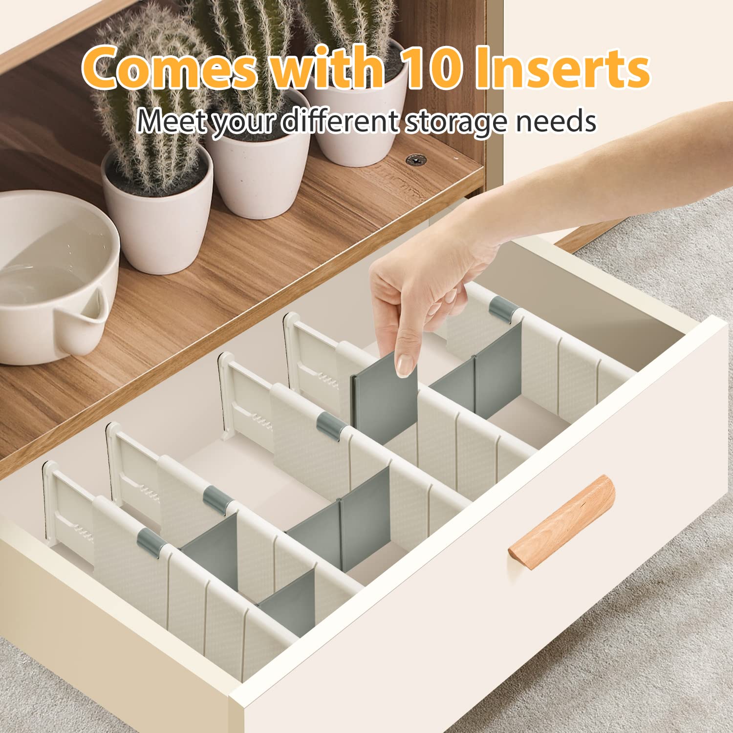JONYJ Drawer Dividers Organizer 5 Pack, Adjustable Separators with 10 Inserts 4" High Expandable from 11-17" for Bedroom, Bathroom, Closet, Clothing, Office, Kitchen, Strong Secure Hold, Ivory