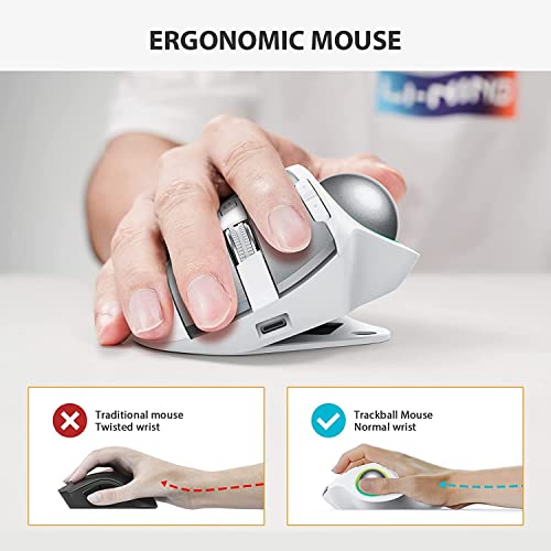 ProtoArc Wireless Bluetooth Trackball Mouse, EM01 2.4G RGB Ergonomic Rechargeable Rollerball Mice, 3 Device Connection&Thumb Control, Compatible for PC, iPad, Mac, Windows-White Silver