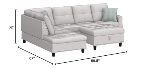 Devion Furniture Polyester Fabric Sectional Sofa with Lift-top Storage Ottoman, Tufted Design, in Light Gray Finish