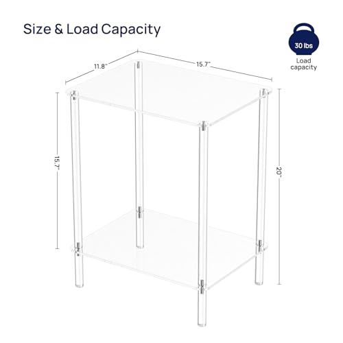 HMYHUM Acrylic Side Table/End Table for Living Room, Small Nightstand/Bedside Table for Bedroom, Home Accent Table, 2-Tier, 15.7" L x 11.8" W x 20" H, Clear