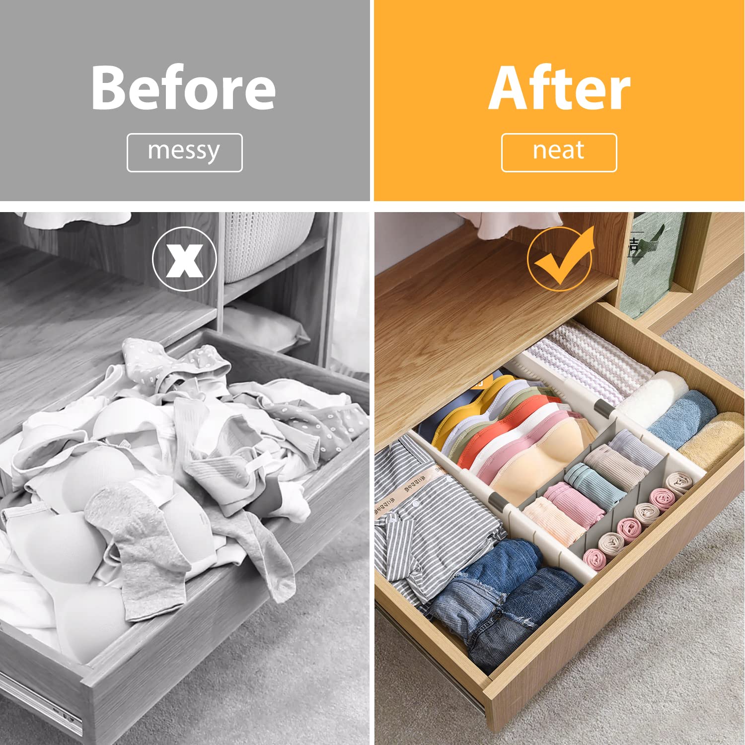 JONYJ Drawer Dividers Organizer 5 Pack, Adjustable Separators with 10 Inserts 4" High Expandable from 11-17" for Bedroom, Bathroom, Closet, Clothing, Office, Kitchen, Strong Secure Hold, Ivory