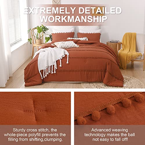 Sanracie Terracotta Comforters Queen Size Set Boho,Burnt Orange Pom Pom Farmhouse Bedding Sets Queen Bed Comforter Set 3 Pieces