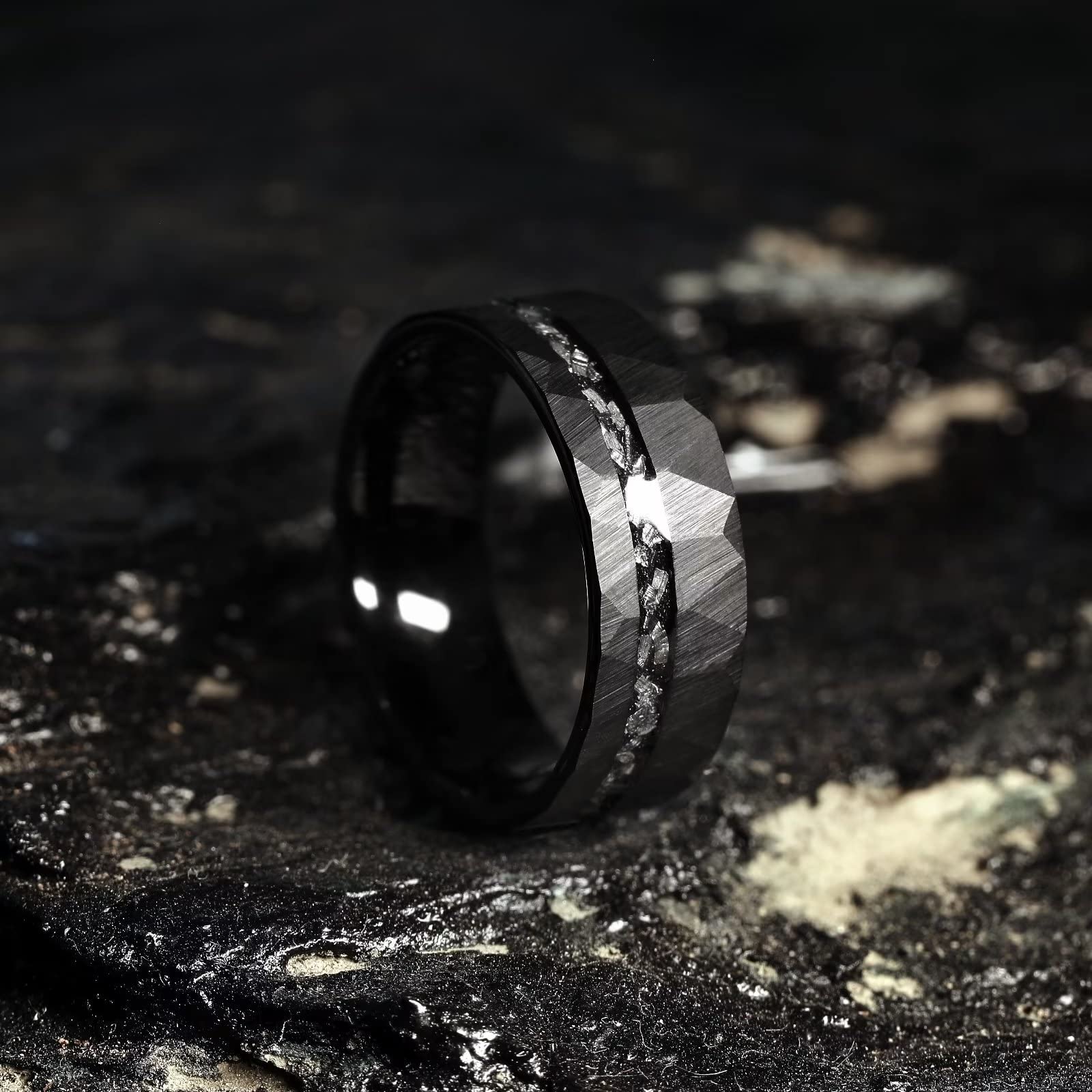 King Will Mens 8mm Black Hammered Tungsten Carbide Wedding Rings Imitated Meteorite Inlay Matte Brushed Tungsten Ring 10.5
