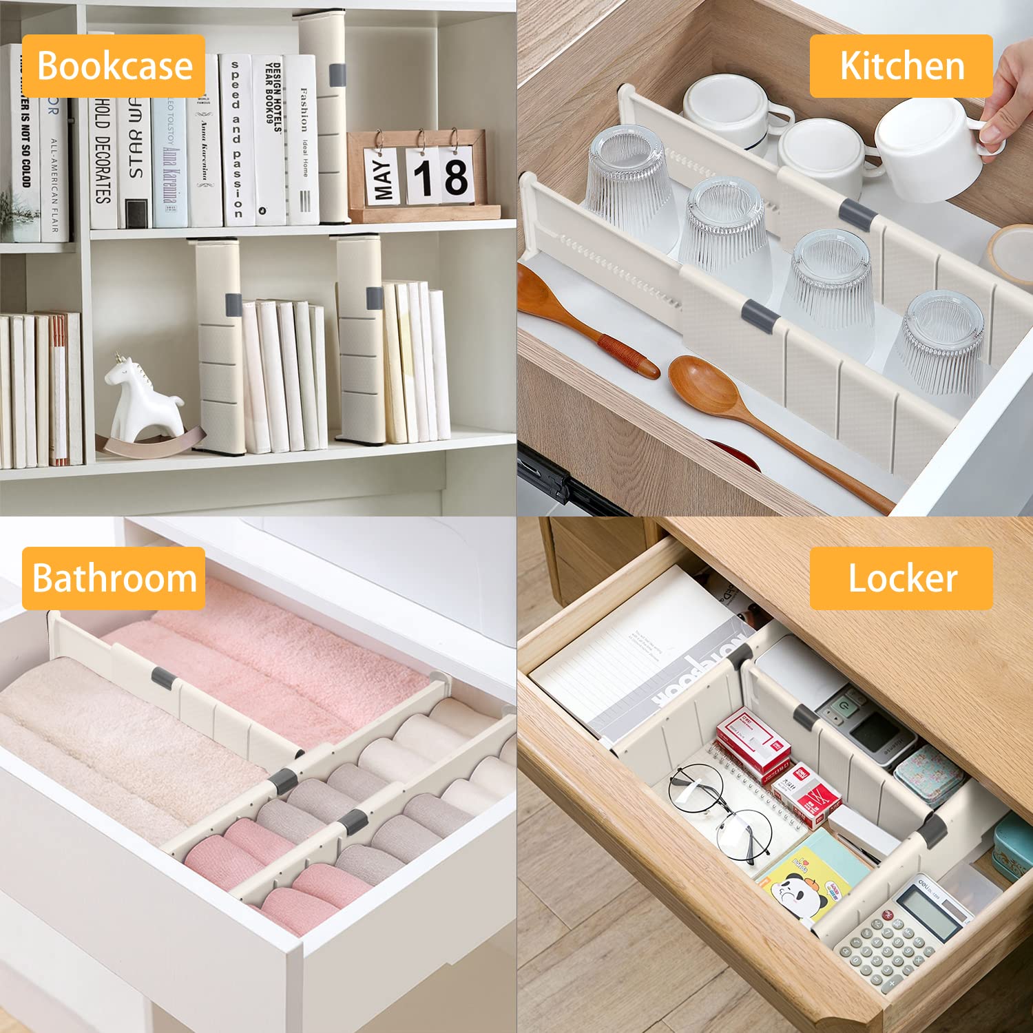 JONYJ Drawer Dividers Organizer 5 Pack, Adjustable Separators with 10 Inserts 4" High Expandable from 11-17" for Bedroom, Bathroom, Closet, Clothing, Office, Kitchen, Strong Secure Hold, Ivory