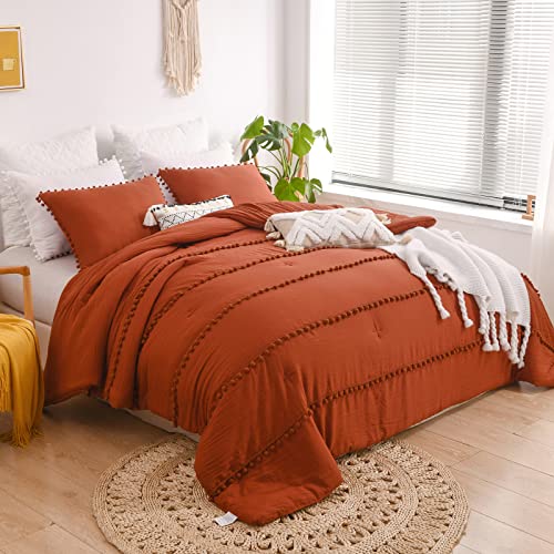 Sanracie Terracotta Comforters Queen Size Set Boho,Burnt Orange Pom Pom Farmhouse Bedding Sets Queen Bed Comforter Set 3 Pieces