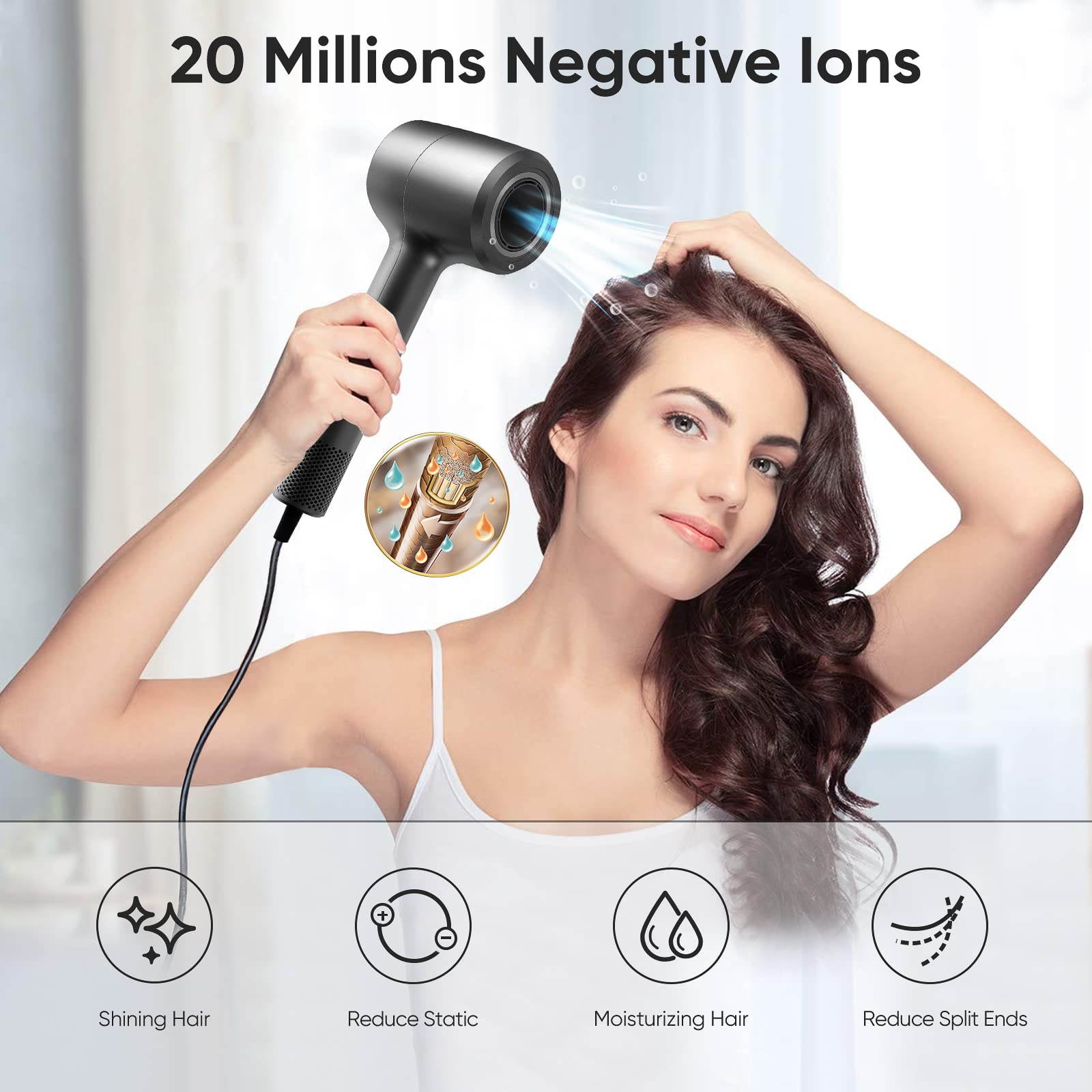 LettreQ Hair Dryer, 1400W Professional Ionic Hair Blow Dryer with Diffuser, Nozzle, Handbag, Constant Temperature, No Heat Damage, Fast Drying, 3 Heating/3 Speed Settings for Home Travel Salon (B)