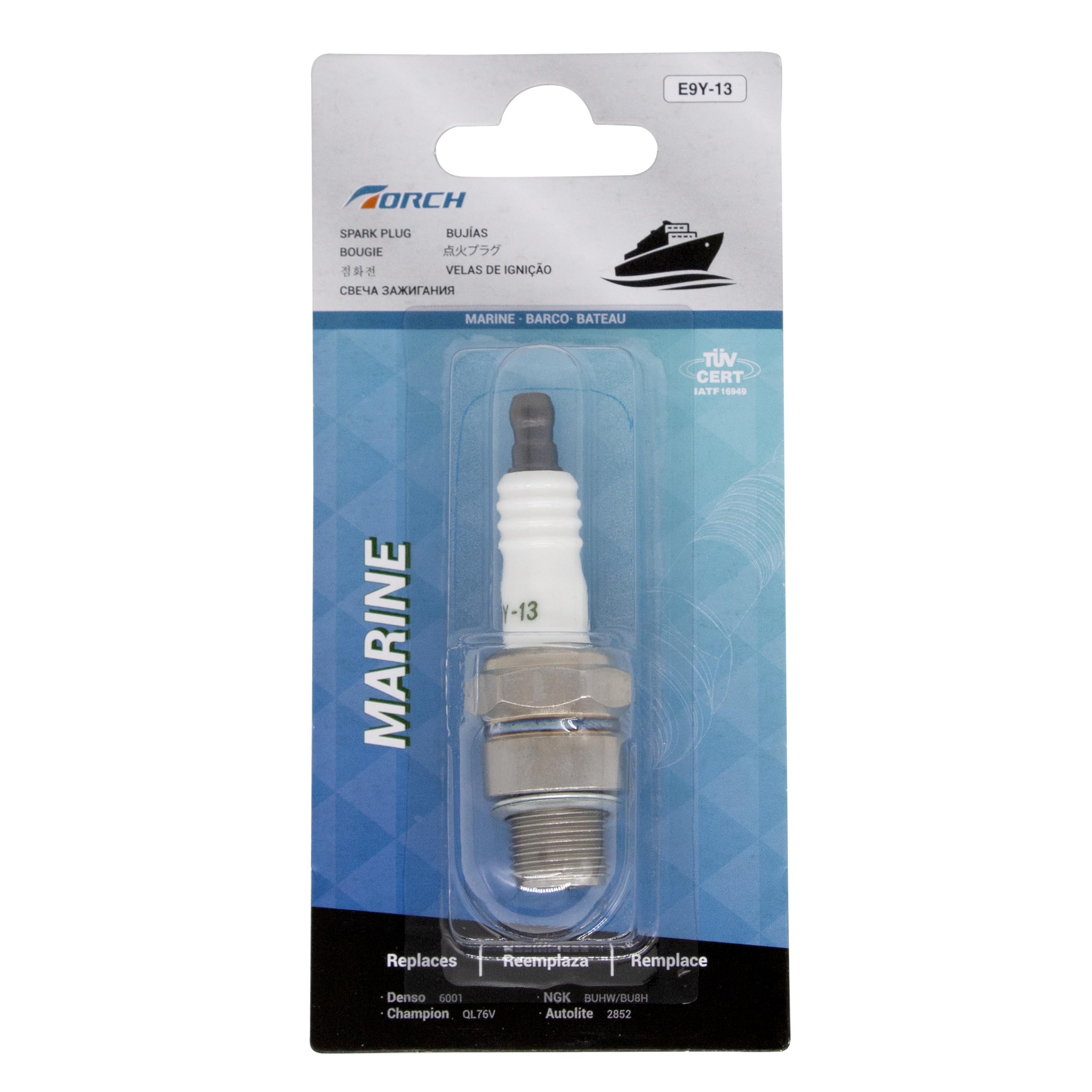 TORCH E9Y-13 Marine Boat Spark Plug Replace for Autolite 2852 Spark Plug, for NGK BUHW 2622 BU8H 6431 Spark Plug, for Denso 6001 Spark Plug, for Champion QL76V Spark Plug, OEM, ea