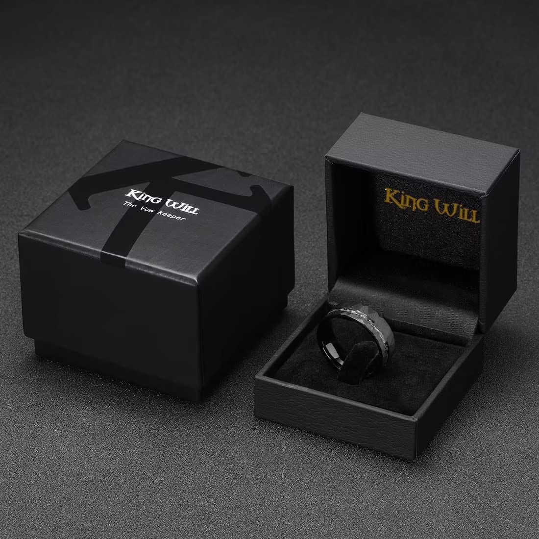 King Will Mens 8mm Black Hammered Tungsten Carbide Wedding Rings Imitated Meteorite Inlay Matte Brushed Tungsten Ring 10.5