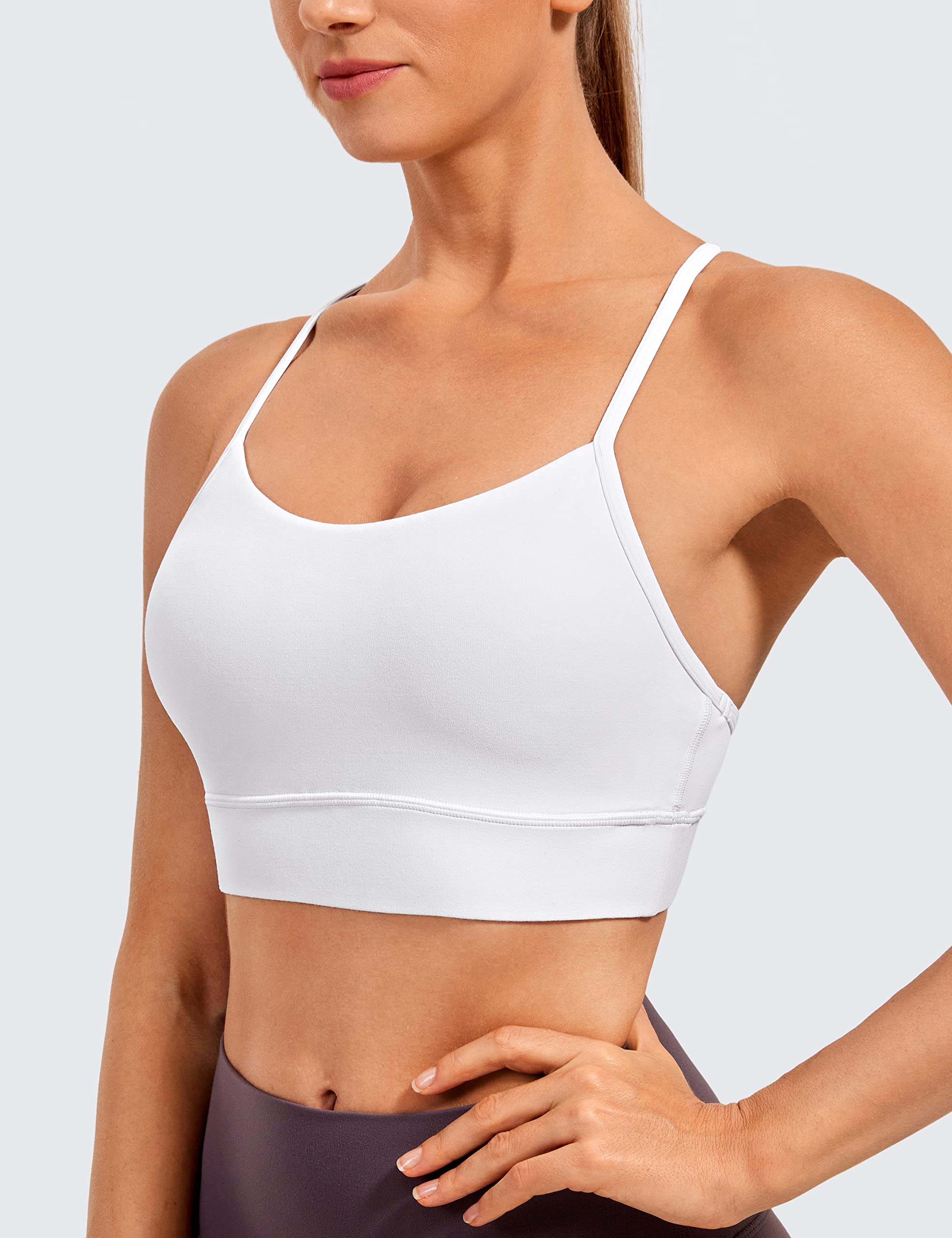 CRZ YOGA Butterluxe Womens Y-Back Racerback Sports Bra - Spaghetti Straps Wireless Scoop Neck Athletic Padded Yoga Tops White Medium