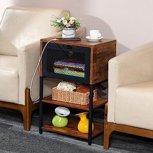 LEBOAHOUS Nightstand with Charging Station and USB Port, 3 Tier Industrial Night Stand, Bedside Table with Flip Storage Drawer and Open Shelf, End Side Table for Bedroom, Office, Dorm 26.2''H (Brown)