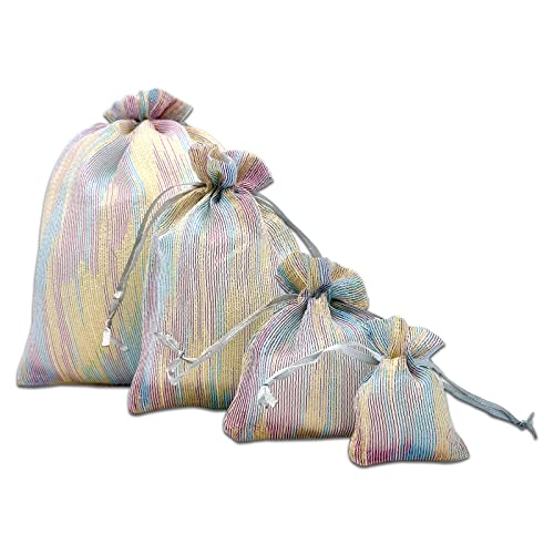 TheDisplayGuys - 96-Pack Striped Weave Organza Gift Bags w/Drawstrings - Large 6x8 - Iridescent - for Party Favors, Samples,Treats
