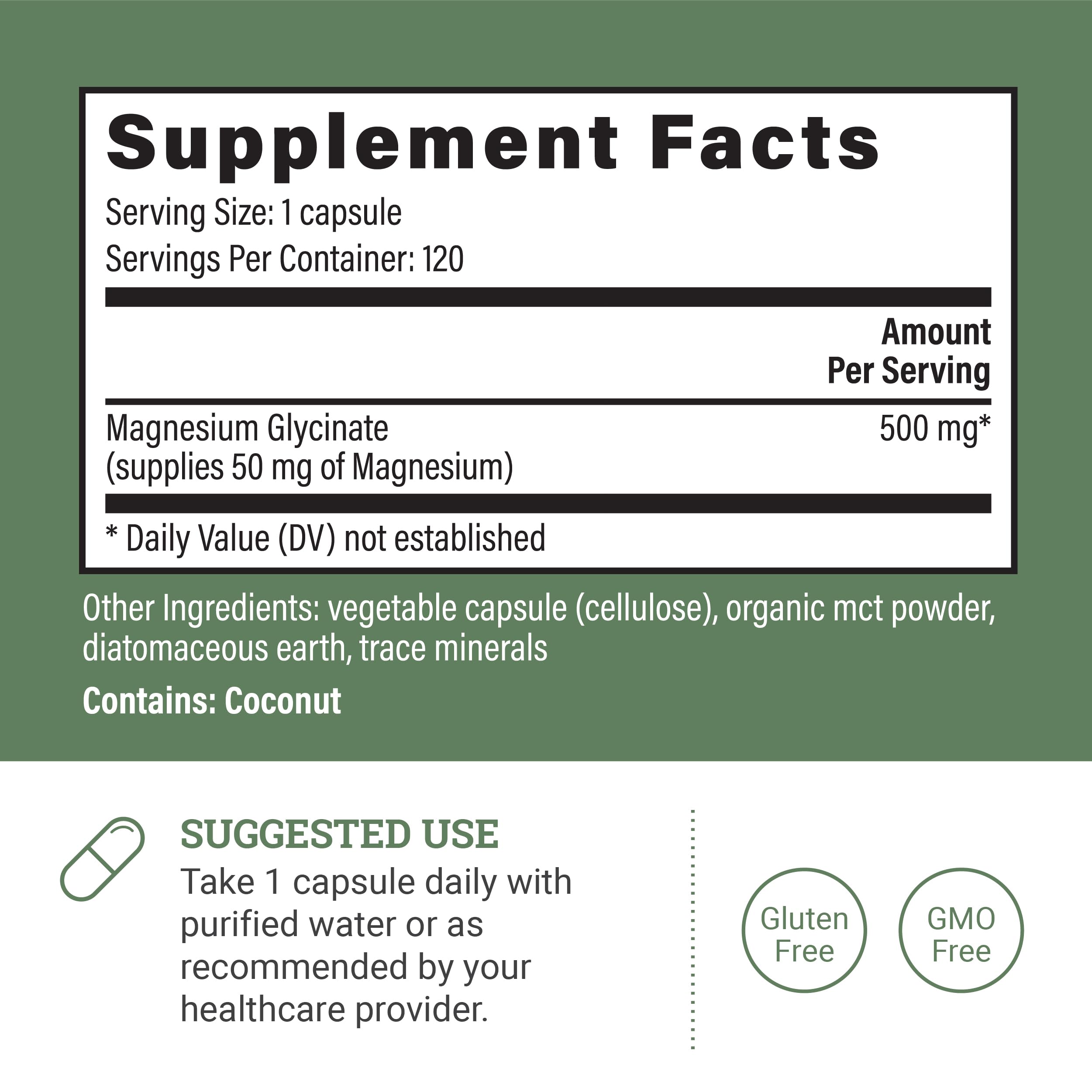 Pure Magnesium Glycinate 500mg - Chelated Magnesium Supplement, High Absorption Capsules for Sleep, Glicinato De Magnesio with Organic MCT Powder (120 Capsules)