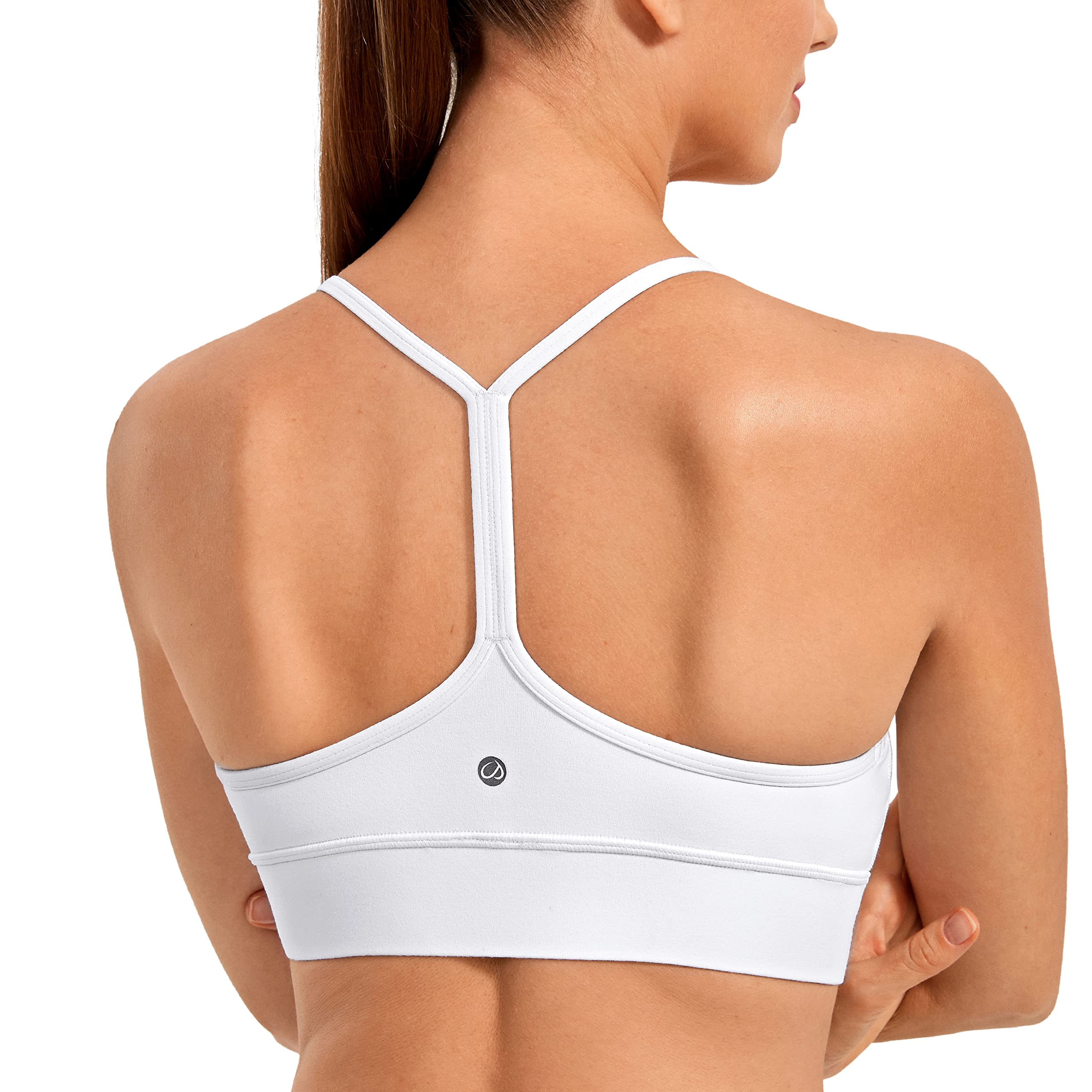 CRZ YOGA Butterluxe Womens Y-Back Racerback Sports Bra - Spaghetti Straps Wireless Scoop Neck Athletic Padded Yoga Tops White Medium