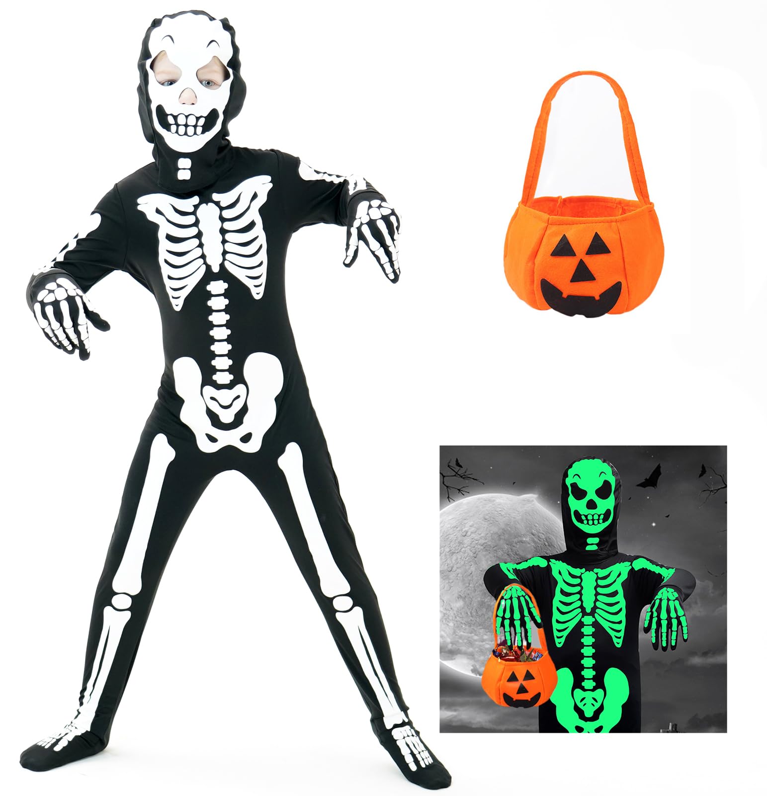 FAYBOX Skeleton Costume Glow in The Dark for Kids Toddler, Halloween Fortnite Onesie for Boy Girls with Pumpkin Candy Bag(10-12)