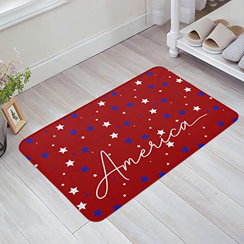 Door Mat Pentagram Memory Foam Cushioned Kitchen Rug, 16x24 Inch Water Absorbent Soft Touch Standing Mat for Bathroom, Office, Sink, Laundry, Home America Five-Pointed Stars and Red Texture