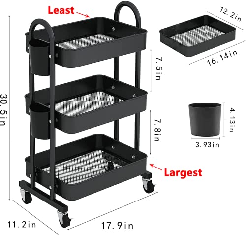 LEGUANG 3-Tier Rolling Utility Cart Storage Shelves Multifunction Storage Trolley Service Cart with Mesh Basket Handles and Wheels Easy Assembly for Bathroom, Kitchen, Office (Black)
