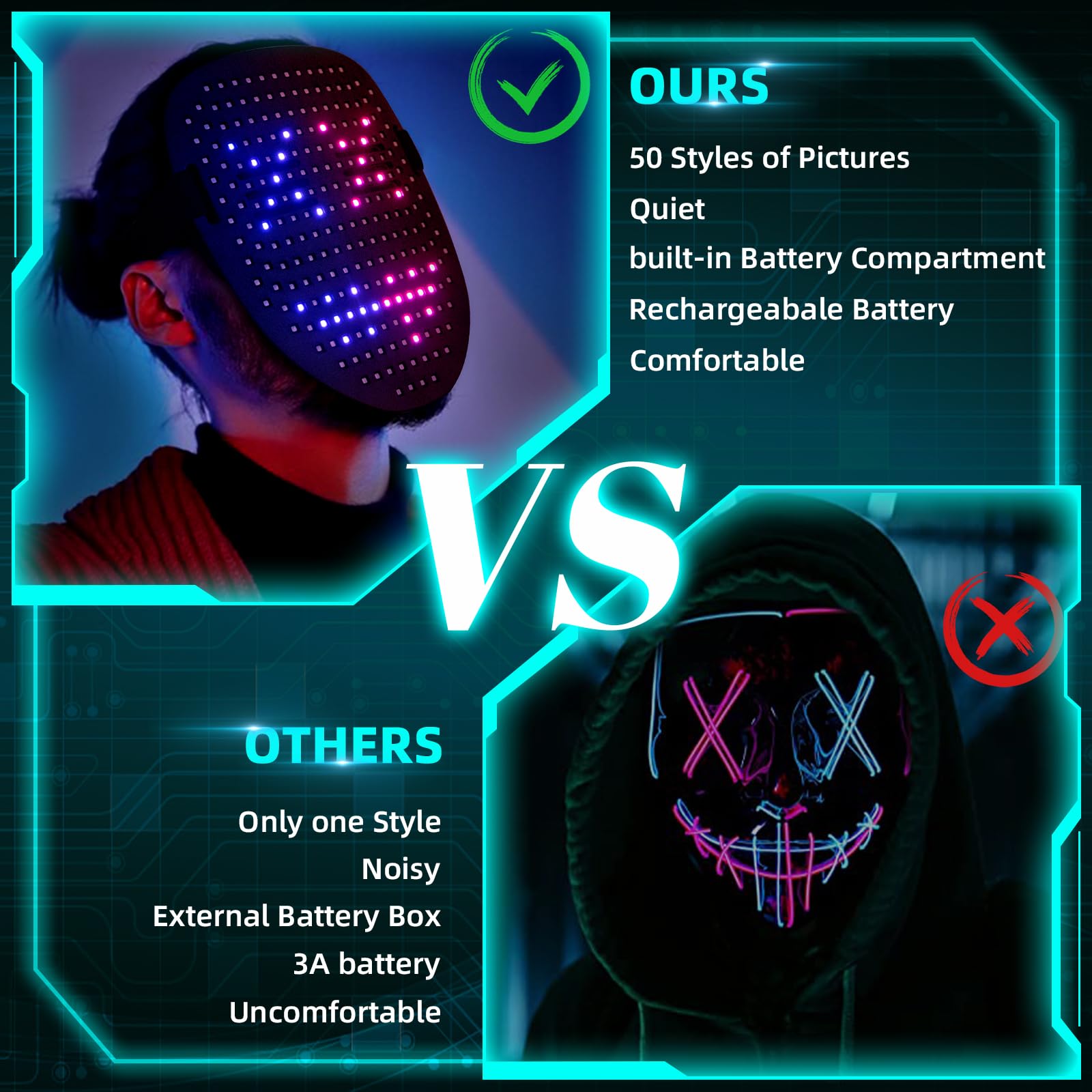 Ompusos LED Mask with Gesture Sensing Transforming Light Up Face Mask for Halloween Rave, Birthday and Masquerade Parties
