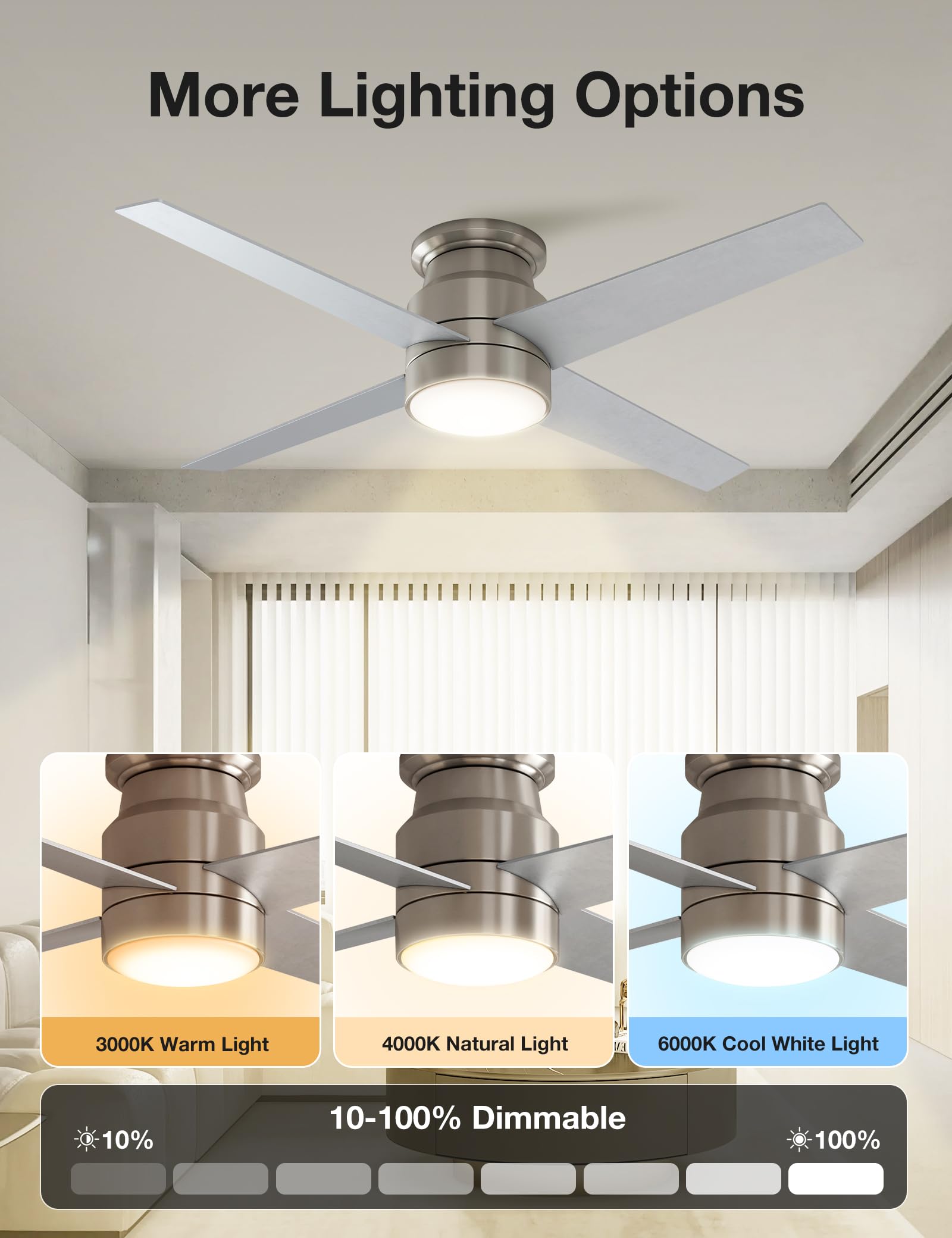 warmiplanet Flush Mount Ceiling Fans with Lights and Remote Control, 52-Inch,3 CCT Dimmable Light, Reversible Noiseless 6 Speeds DC Motor, Timer, Nickel Brushed, 4-Blades