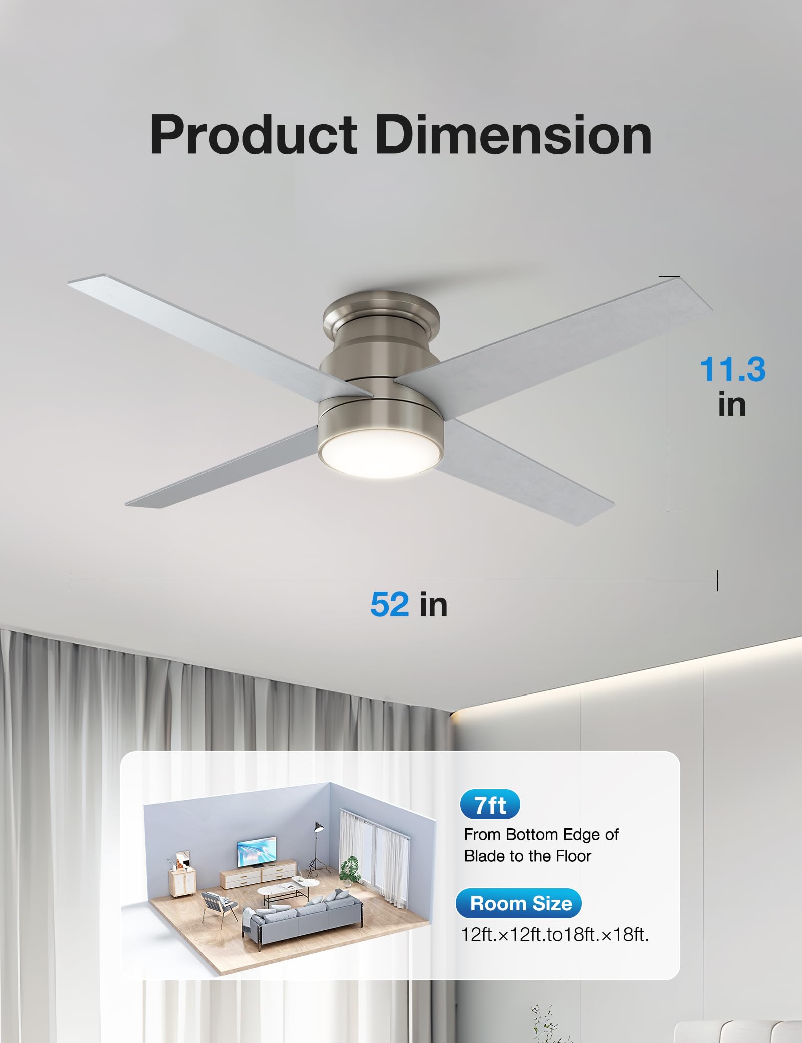 warmiplanet Flush Mount Ceiling Fans with Lights and Remote Control, 52-Inch,3 CCT Dimmable Light, Reversible Noiseless 6 Speeds DC Motor, Timer, Nickel Brushed, 4-Blades