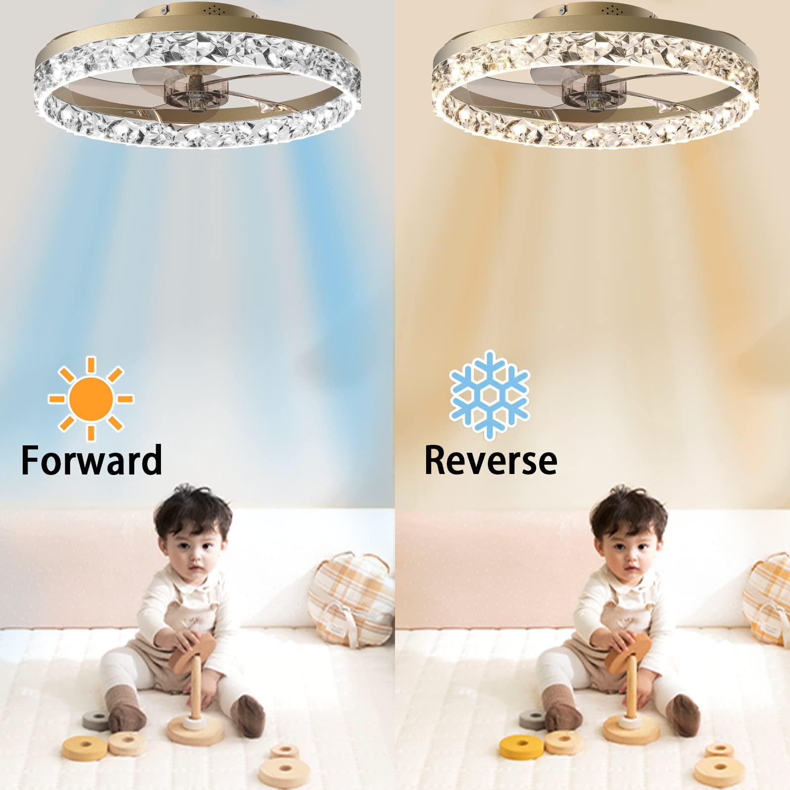 QUMFIXPU 19.7 inch Low Profile Ceiling Fan with Light, Flush Mount Remote Control Timing and Dimmable LED Fan Light, 6 Wind Speed 5 Reversible Invisible Blades,Gold